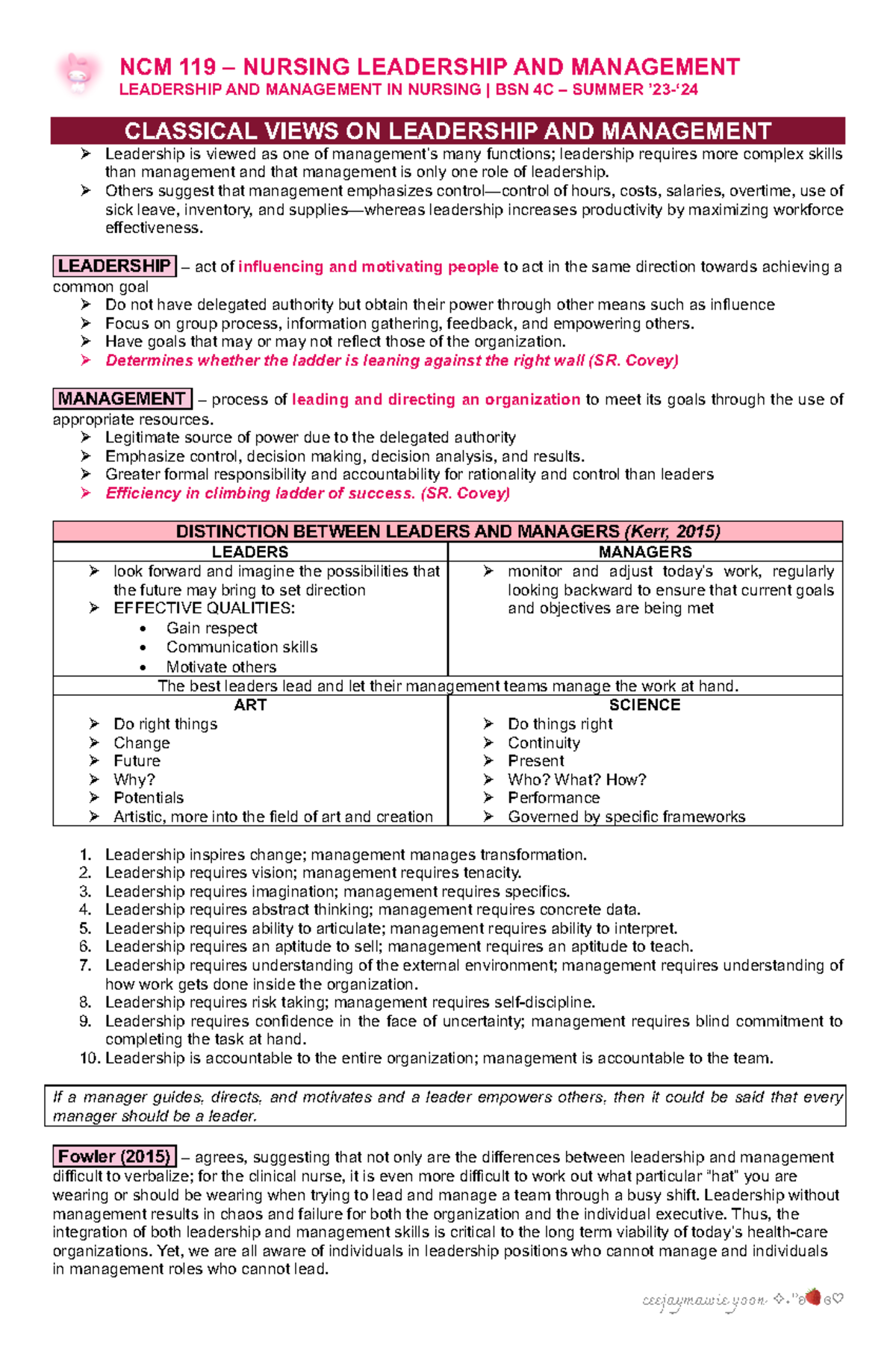 NCM 119 Midterm 1 and 2 - Ooo - LEADERSHIP AND MANAGEMENT IN NURSING ...