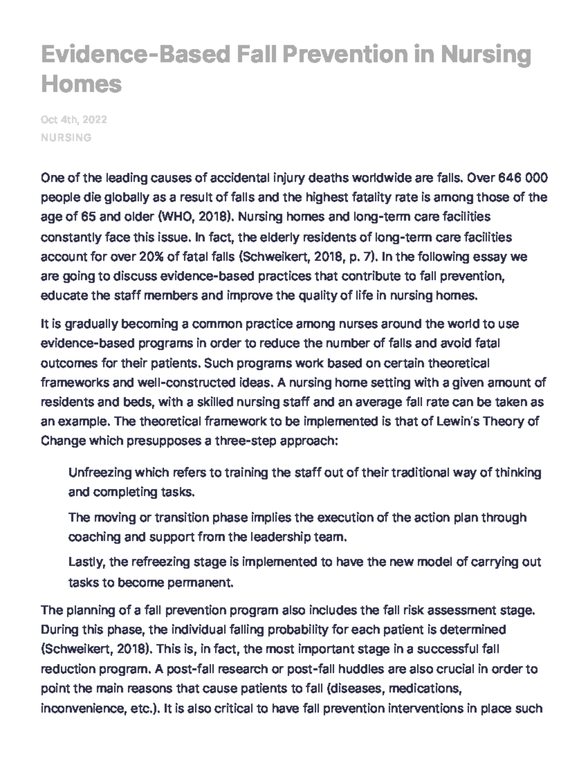 Evidence-Based Fall Prevention in Nursing Homes Essay Example - One of ...