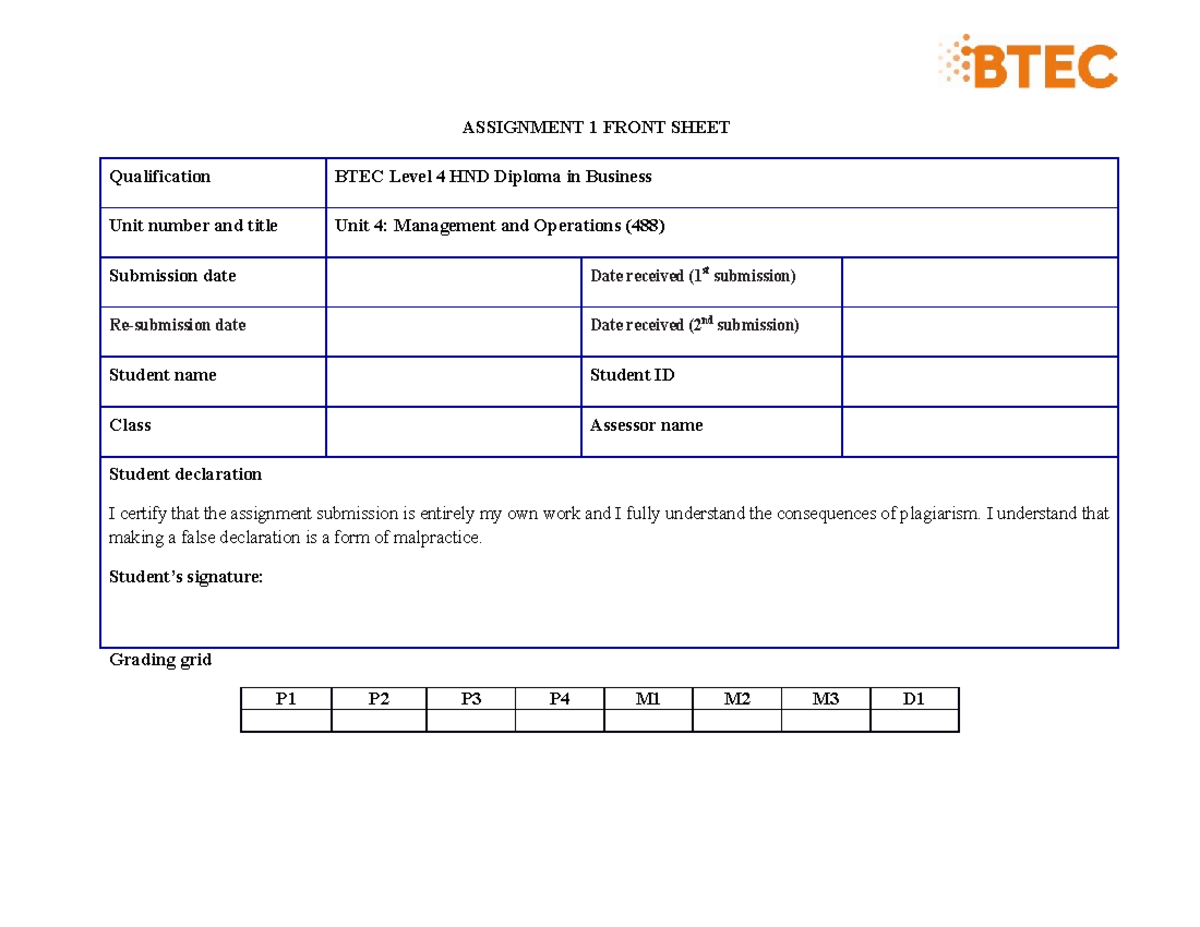 Unit-4 5036 ASM1 Frontsheet - ASSIGNMENT 1 FRONT SHEET Qualification BTEC Level 4 HND Diploma in ...