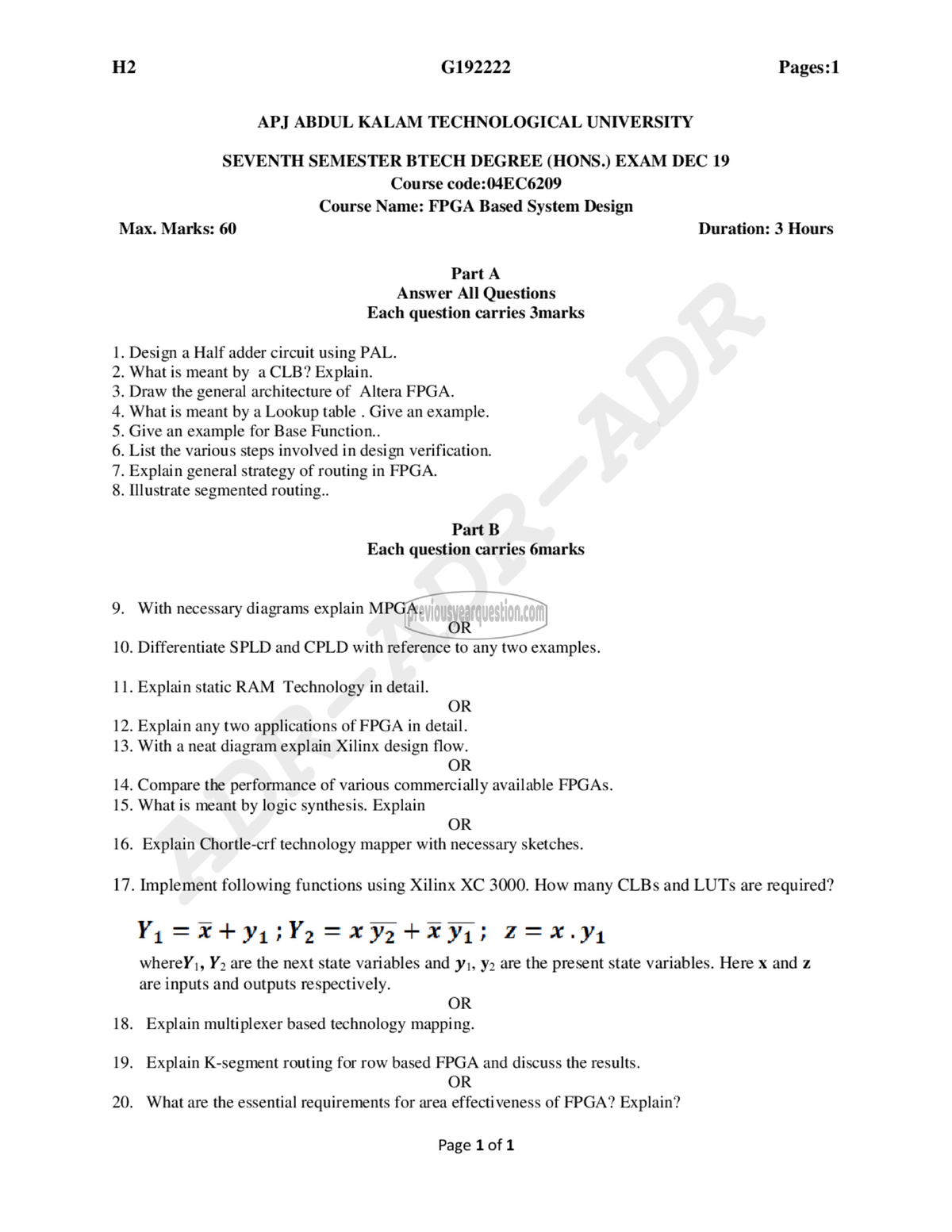 Fpga Based System Design 04 Ec 6209 2019 December H2 Pages1 Apj Abdul Kalam Technological