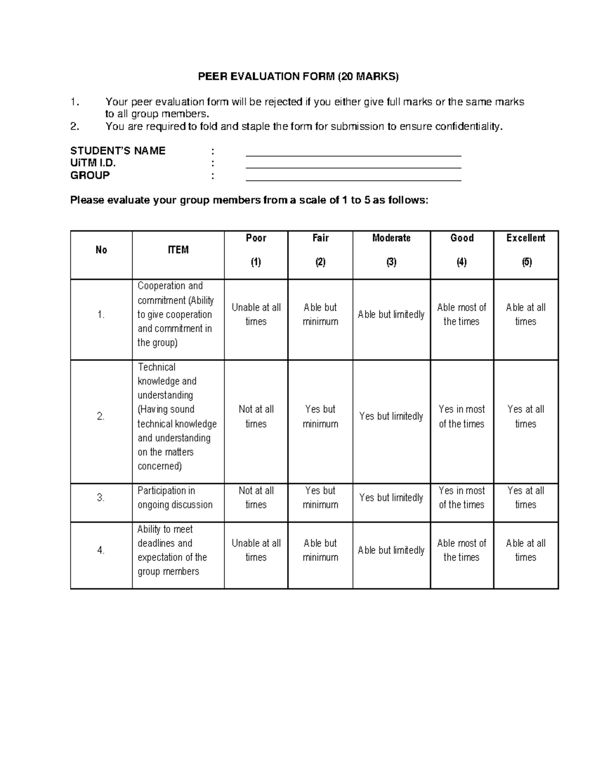3 Appendix B Peer Evaluation Form Peer Evaluation Form 20 Marks 1