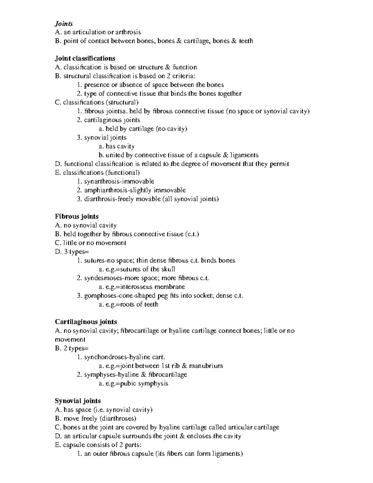 Joints - Anatomy and Physiology notes based on topic - Joints A. an ...