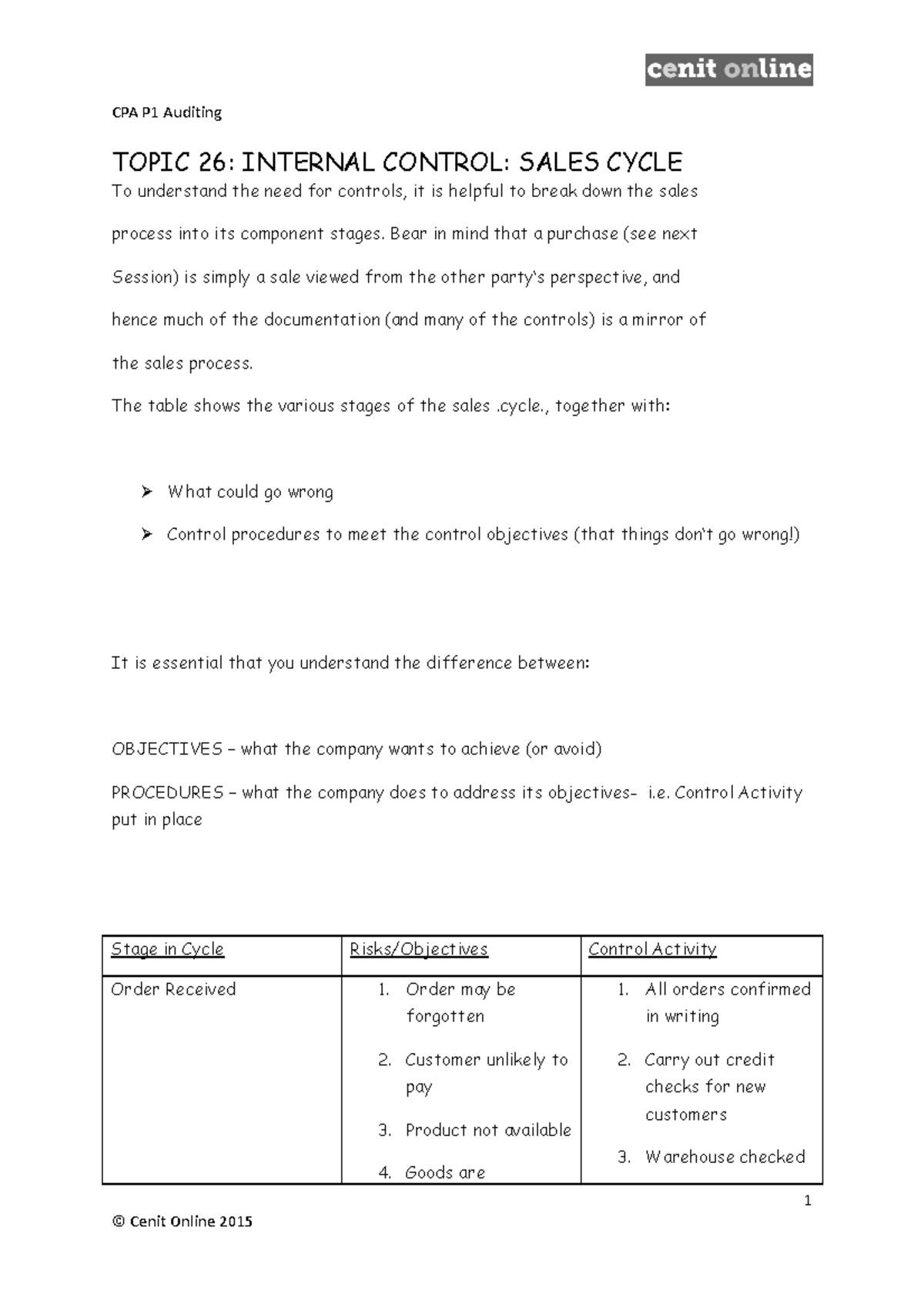 Topic 26 Internal Control Sales Cycle - CPA P1 Auditing TOPIC 26 ...