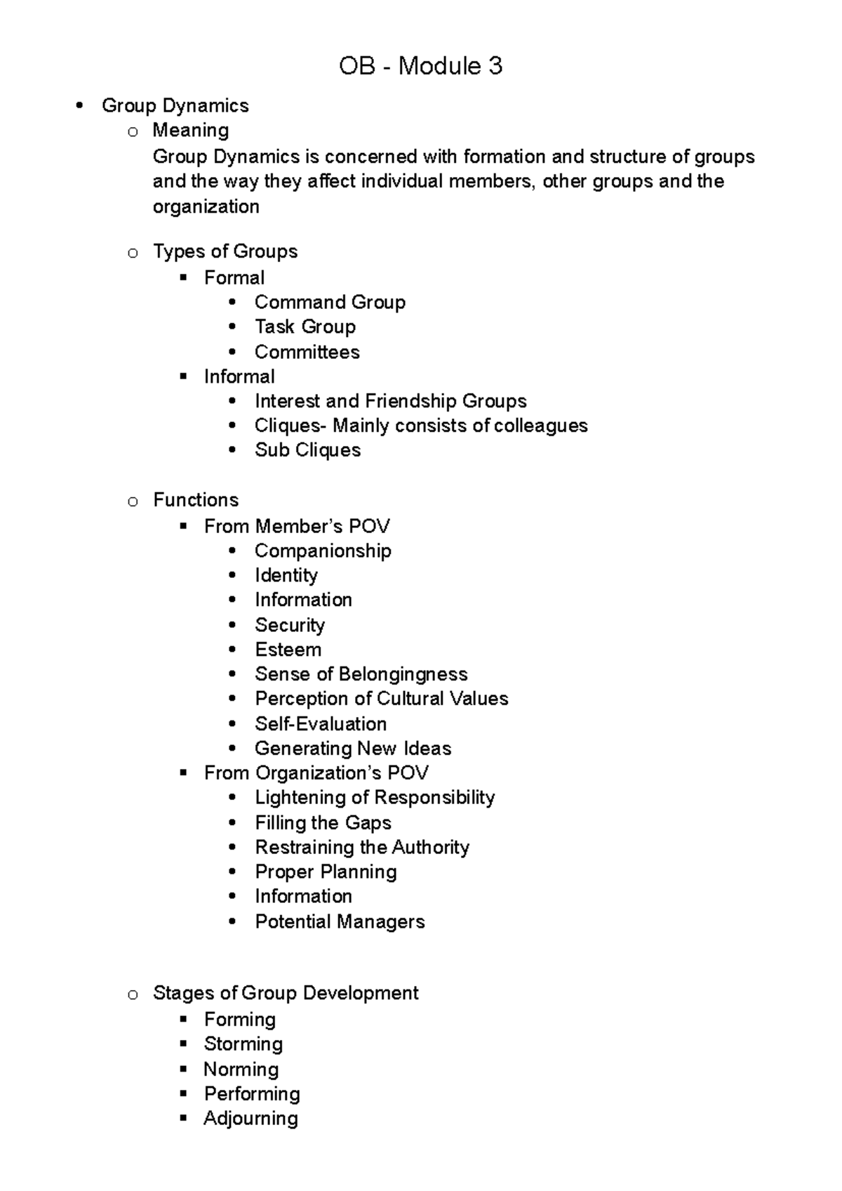 OB Module 3 - OB - Module 3 Group Dynamics o Meaning Group Dynamics is ...