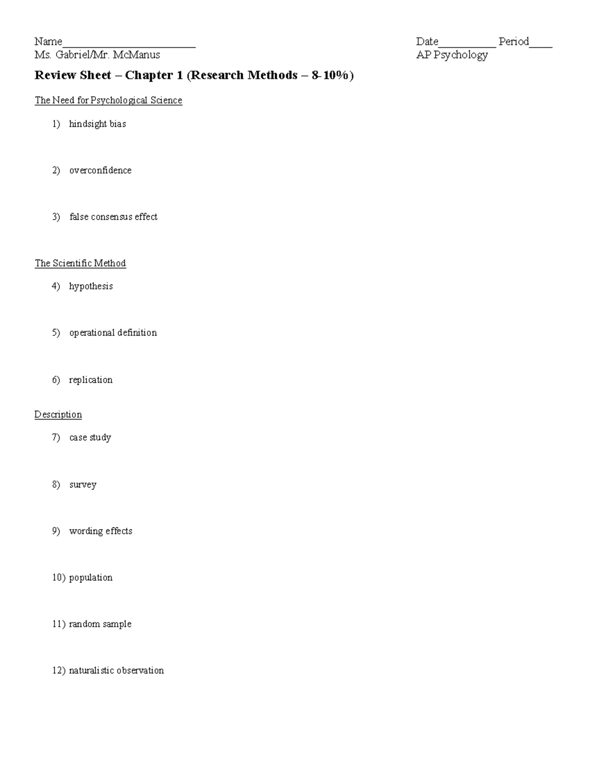 Review Sheet - Chapter 1 - Name_______________________ Date ...