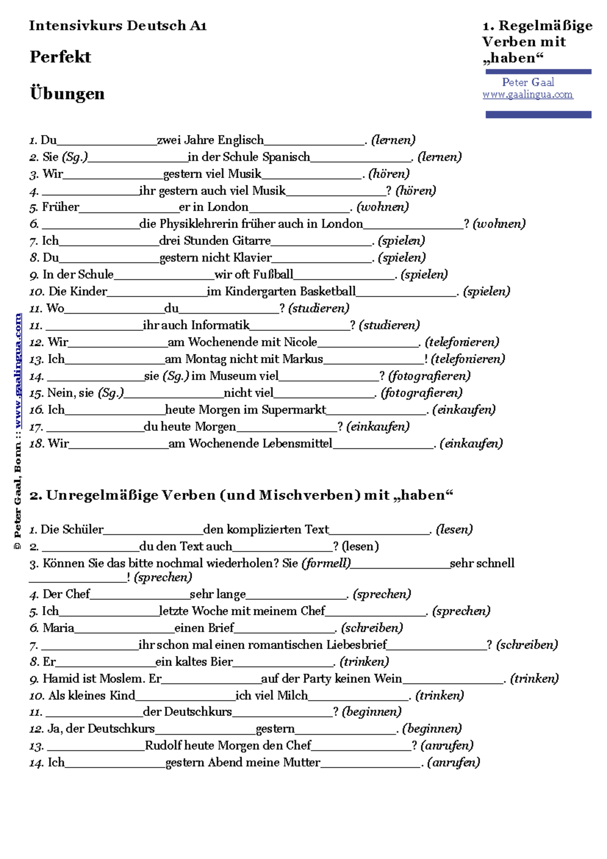 Da F A1 Perfekt Uebungen 1 - Intensivkurs Deutsch A Perfekt Übungen 1 ...