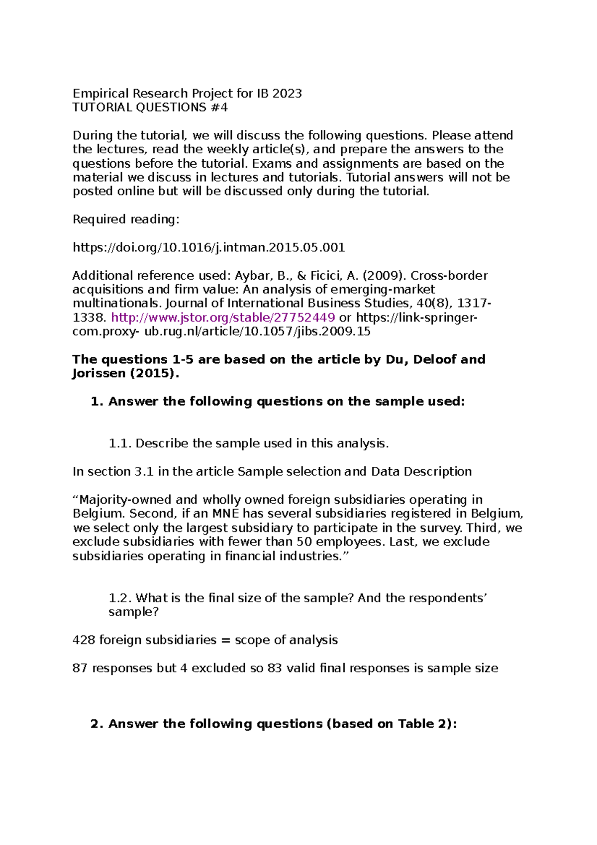 Tutorial 4 Questions and answers - Empirical Research Project for IB 2023 TUTORIAL QUESTIONS ...