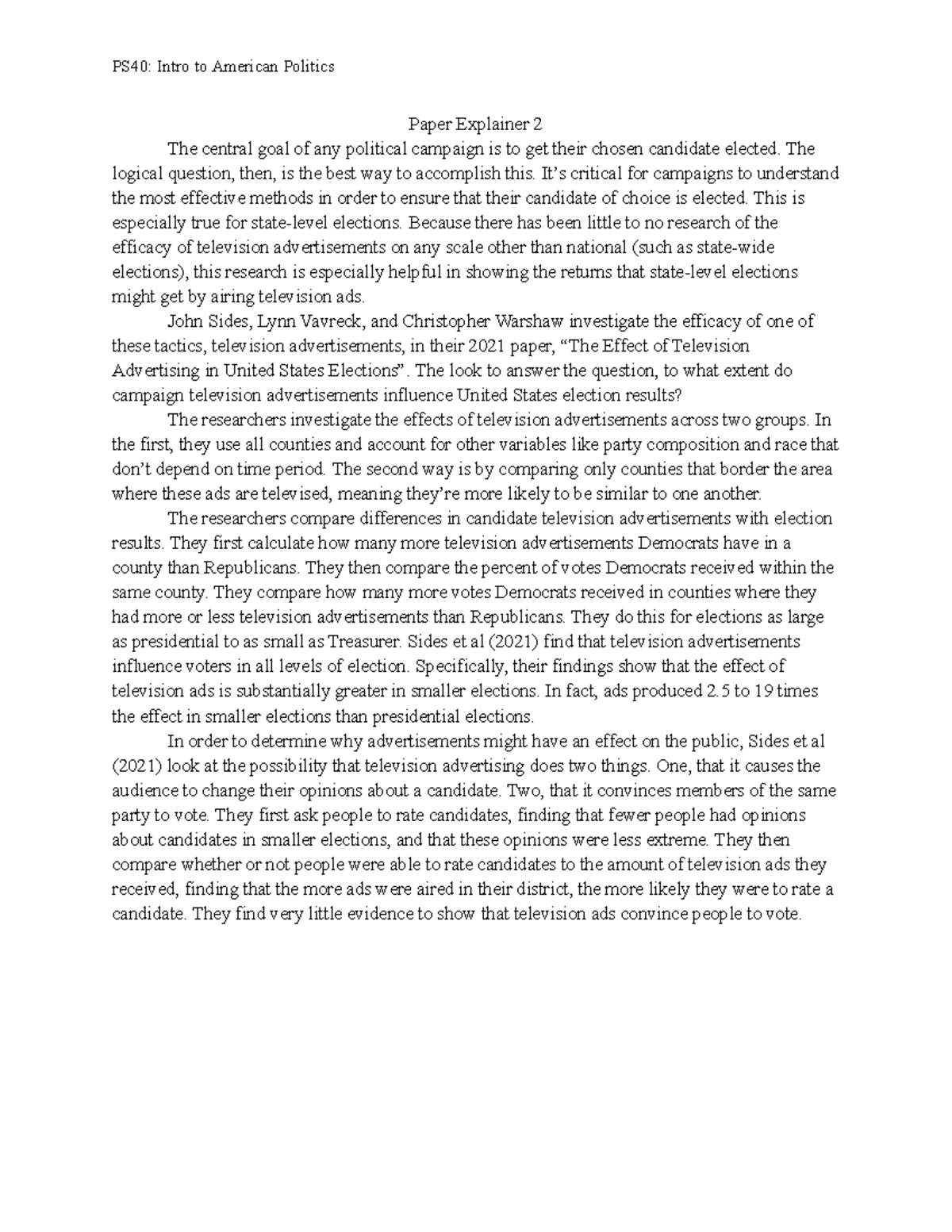 Paper Explainer 2 - PS40: Intro to American Politics Paper Explainer 2 ...