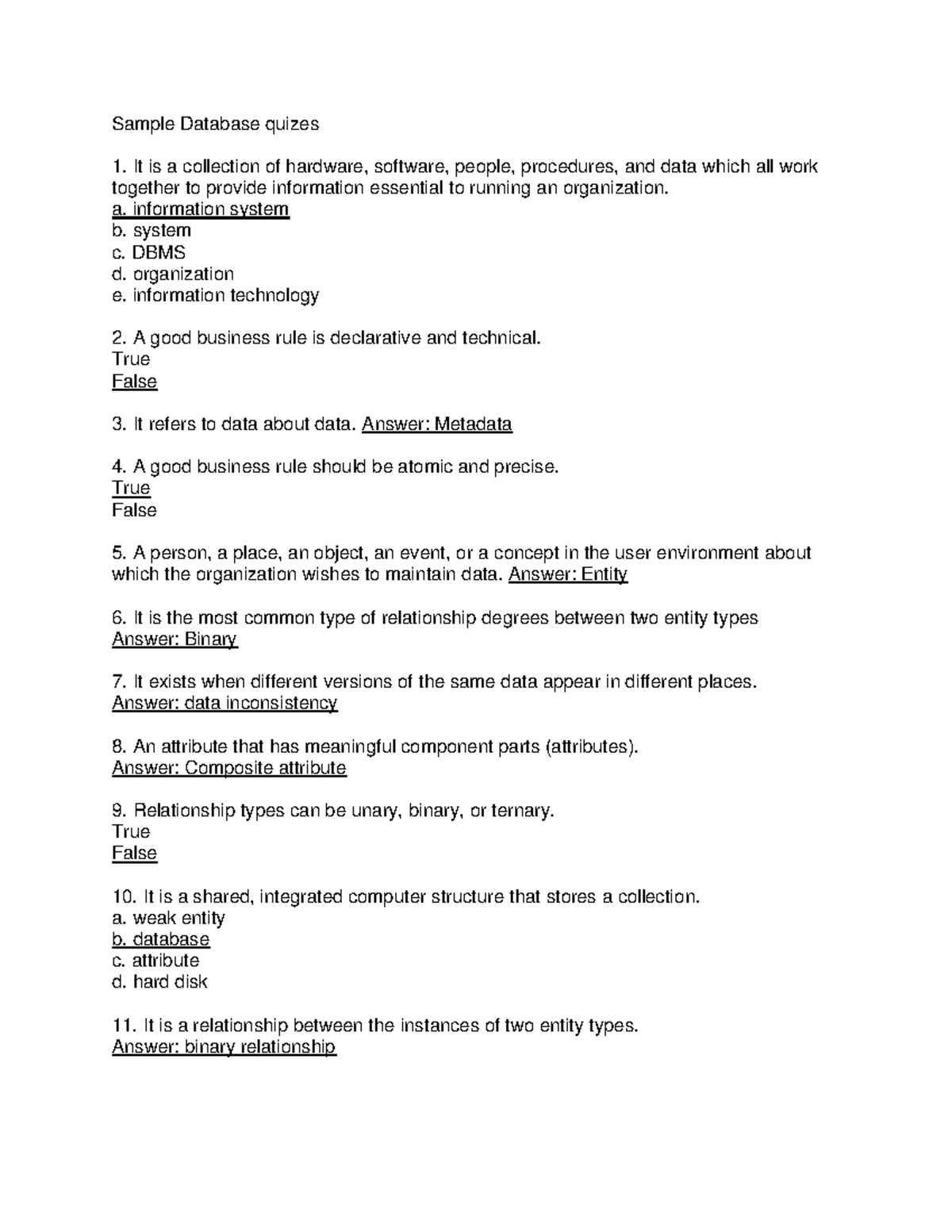 Sample quizzes on Database and Data Modelling - Sample Database quizes ...