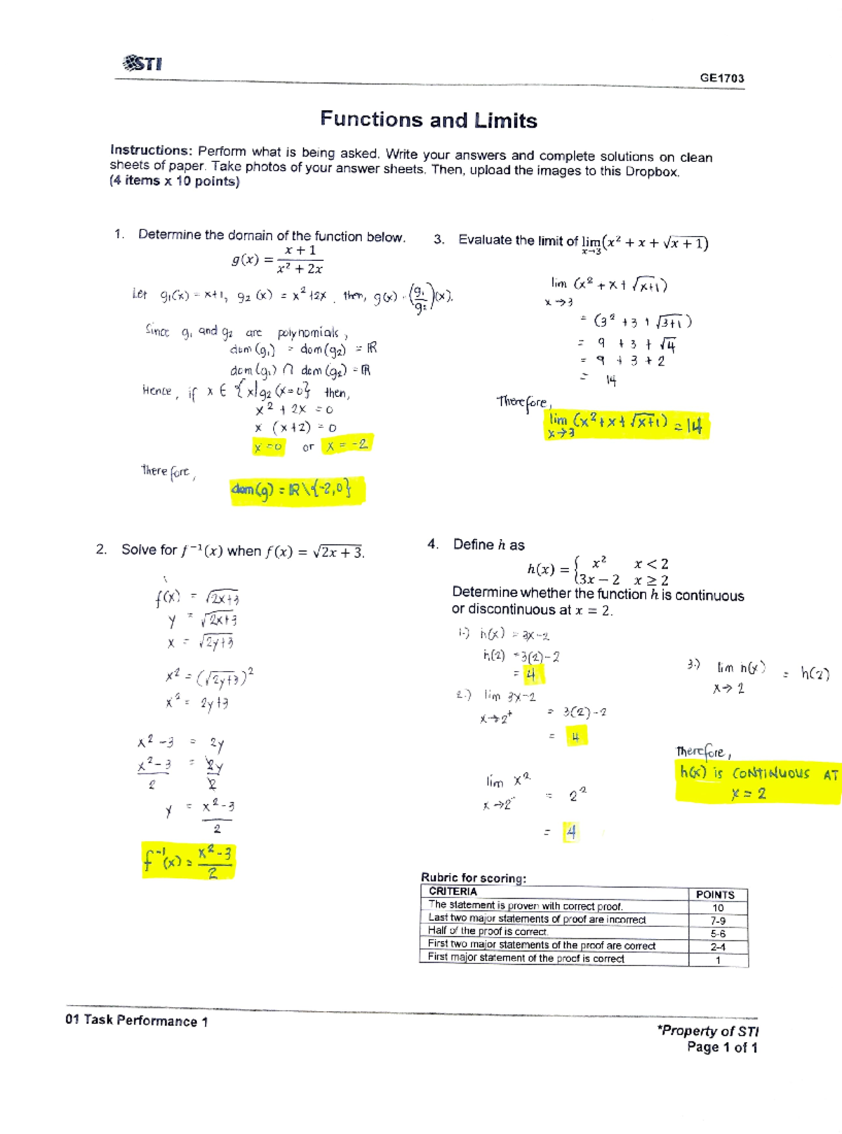 Prelim TP Functions And Limits - STI GE Functions and Limits Instructions: Perform what is being ...