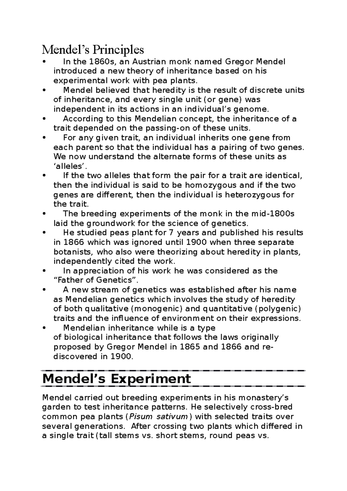 Mendels principles - Mendel’s Principles In the 1860s, an Austrian monk ...