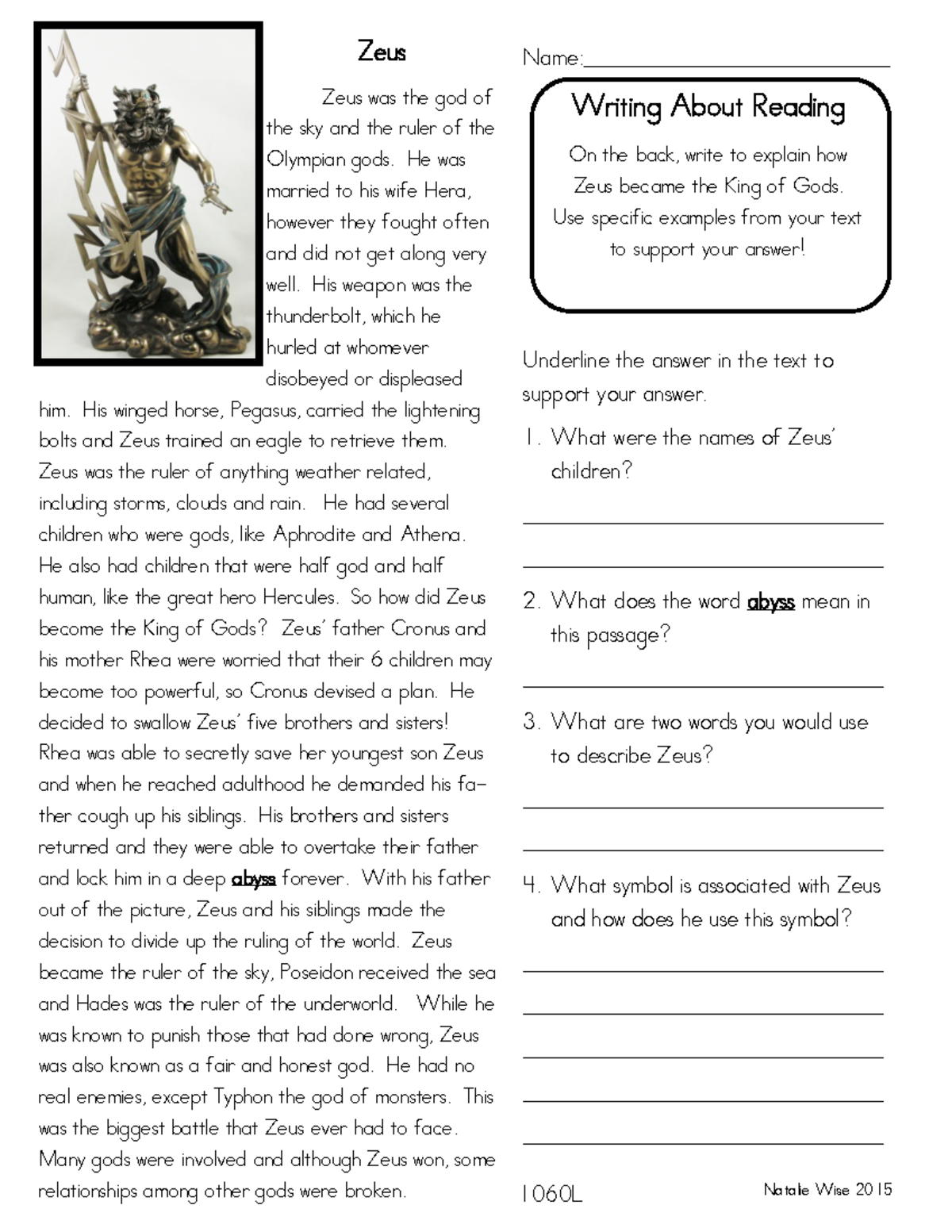 Close Reading 3rd4th5th Grade Non Fiction Passages Zeus-2 - Zeus Zeus ...
