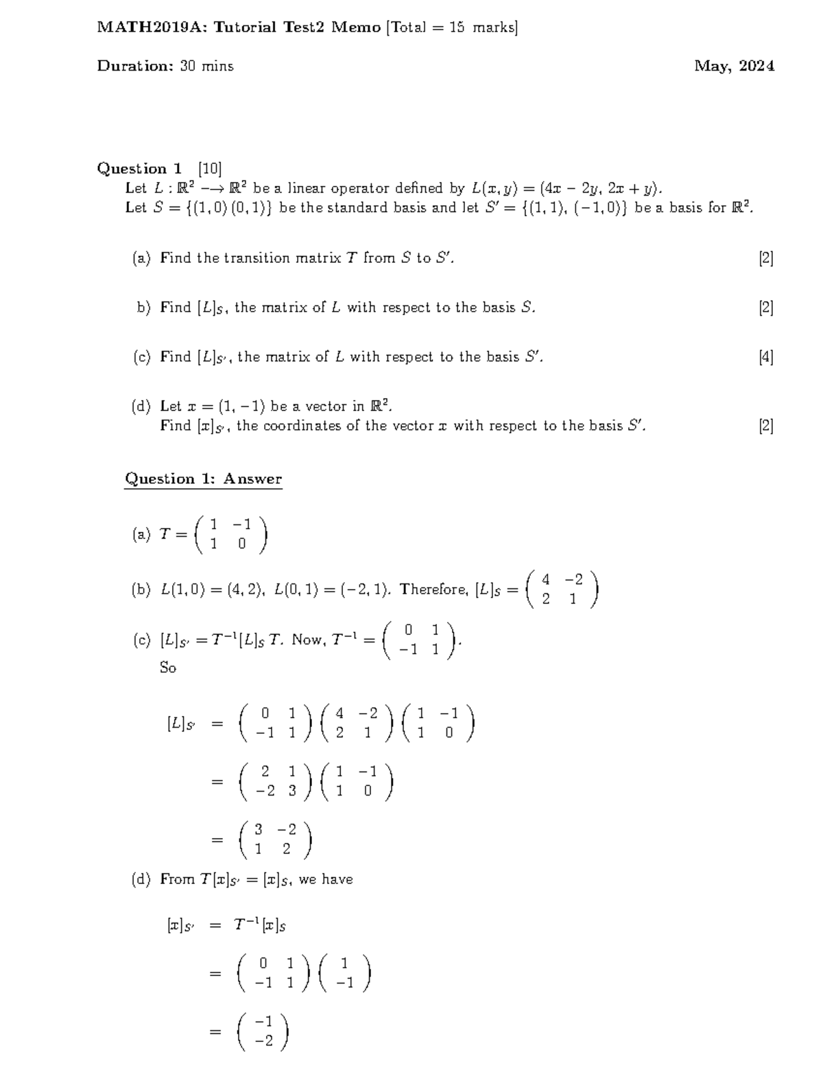 MATH2019 A Tut Test 2 May 2024 Memo - MATH2019A: Tutorial Test2 Memo ...