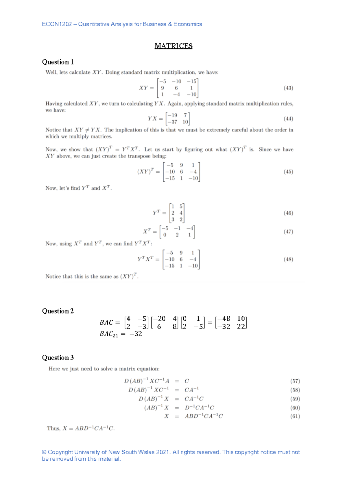 Matrices Solutions - ECON1202 - UNSW Sydney - Studocu