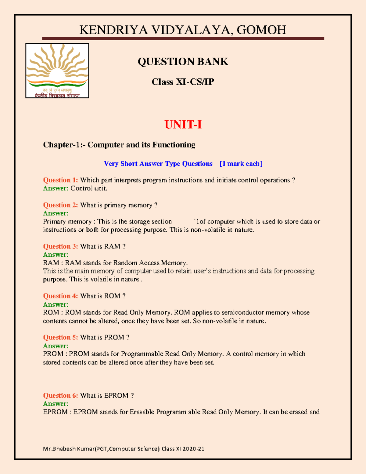Unit-I Chapter-I-XI-IP - QUESTION BANK Class XI-CS/IP UNIT-I Chapter-1 ...