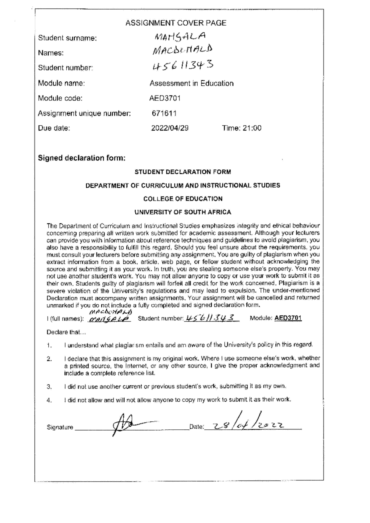 AED 3701 Assignment 1 - Beducation sed2601 - Studocu