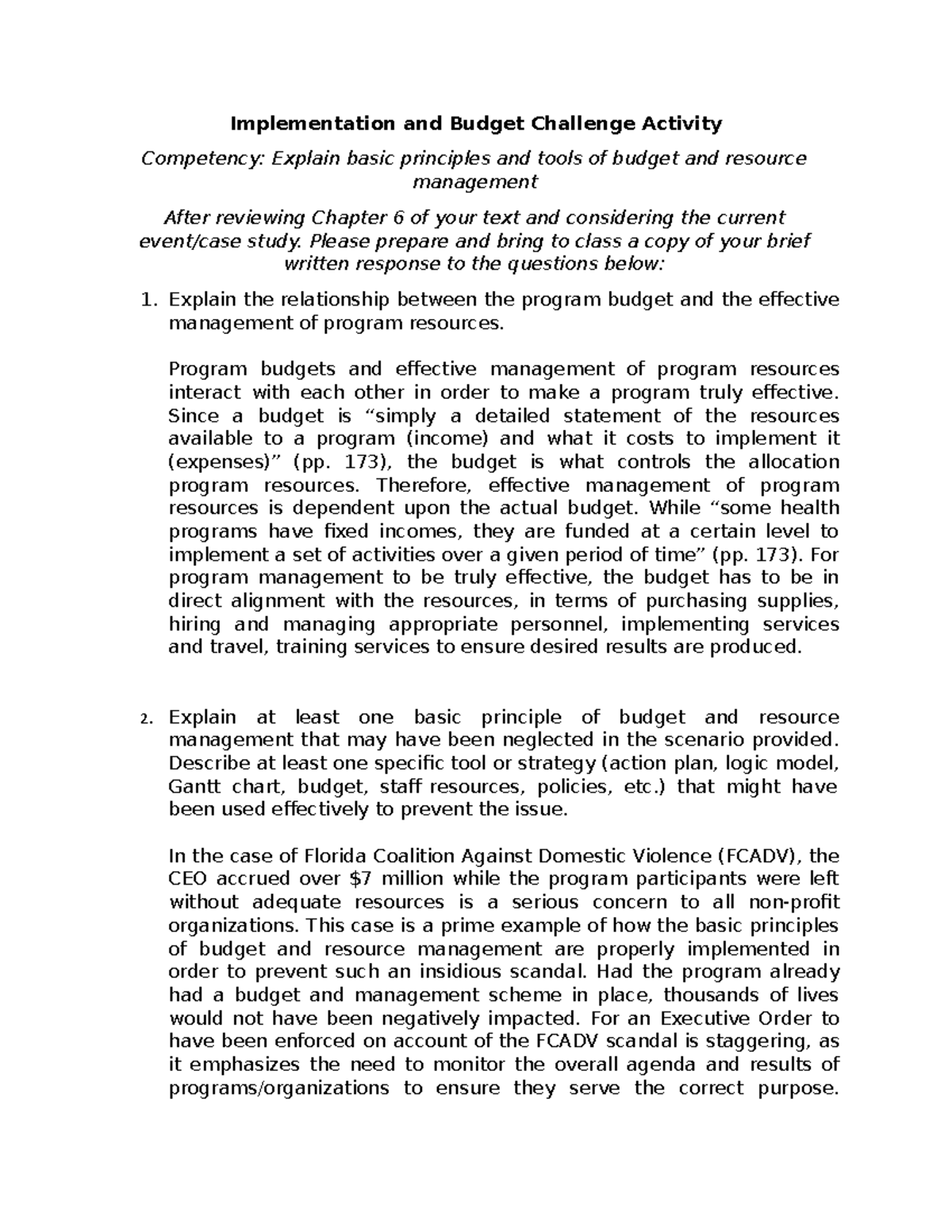 Budget Reflection Activity - Implementation and Budget Challenge ...