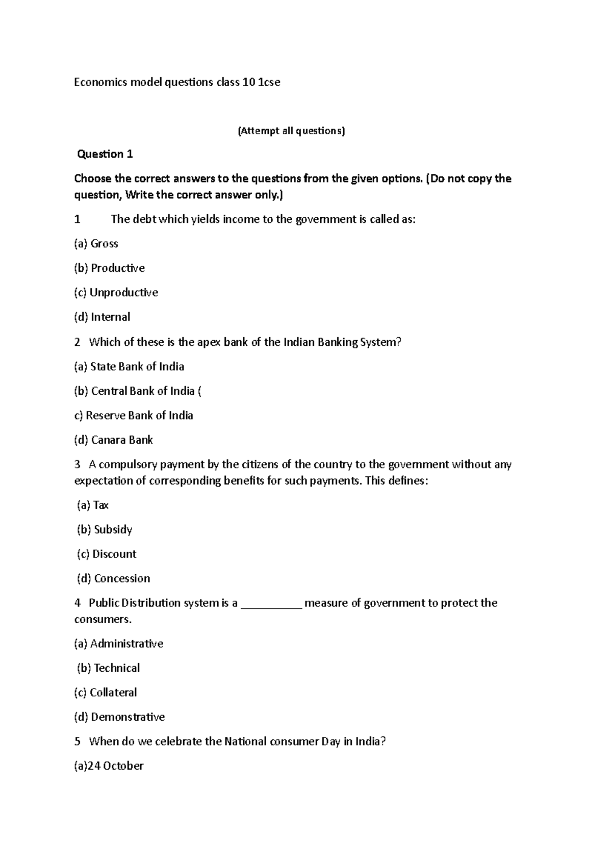 10 model - Copy - economics - Economics model questions class 10 1cse ...