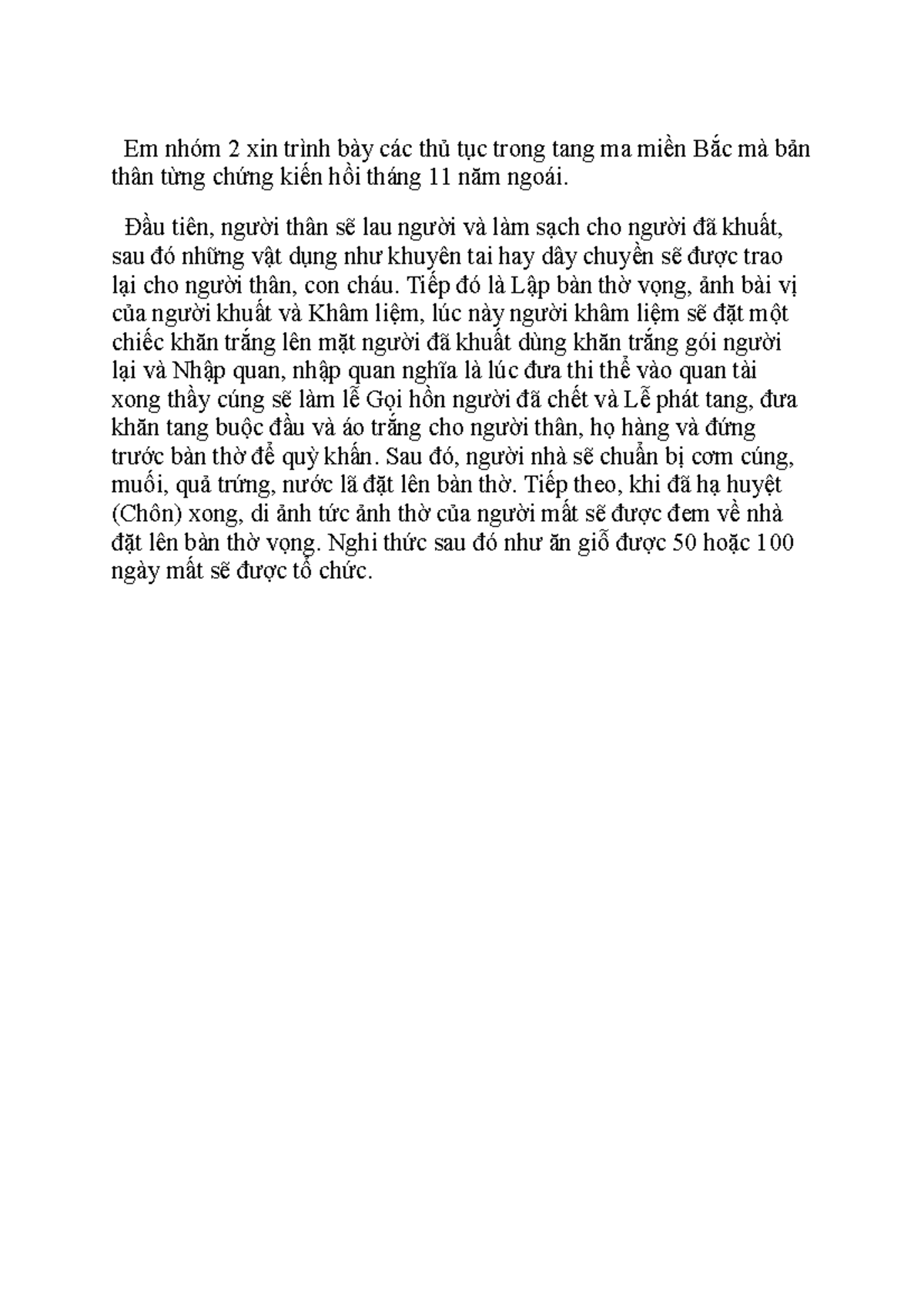 Nhóm 2- Văn hóa tang lễ miền Bắc - Em nhóm 2 xin trình bày các thủ tục trong tang ma miền Bắc mà ...
