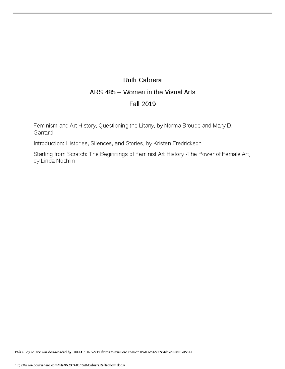 Ruth.Cabrera.Reflection 1.docx - Ruth Cabrera ARS 485 – Women in the ...