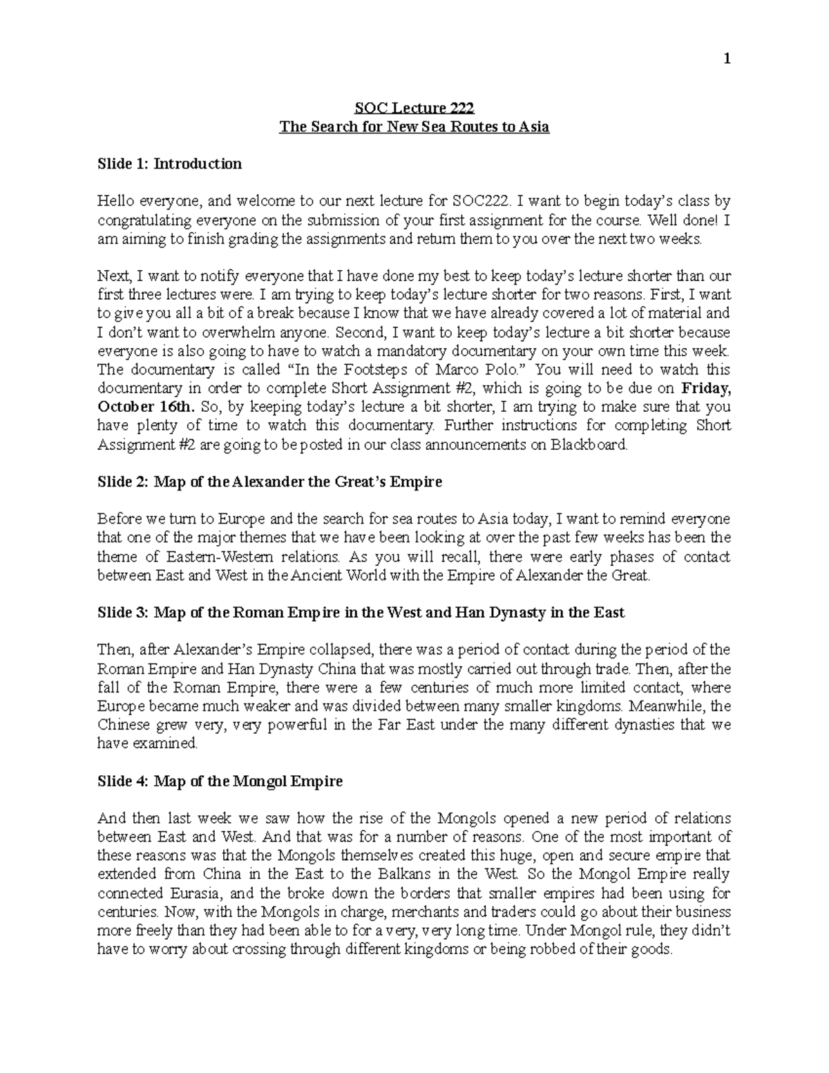 SOC 222 Lecture 4 Notes (The Search for Sea Routes to Asia - the ...