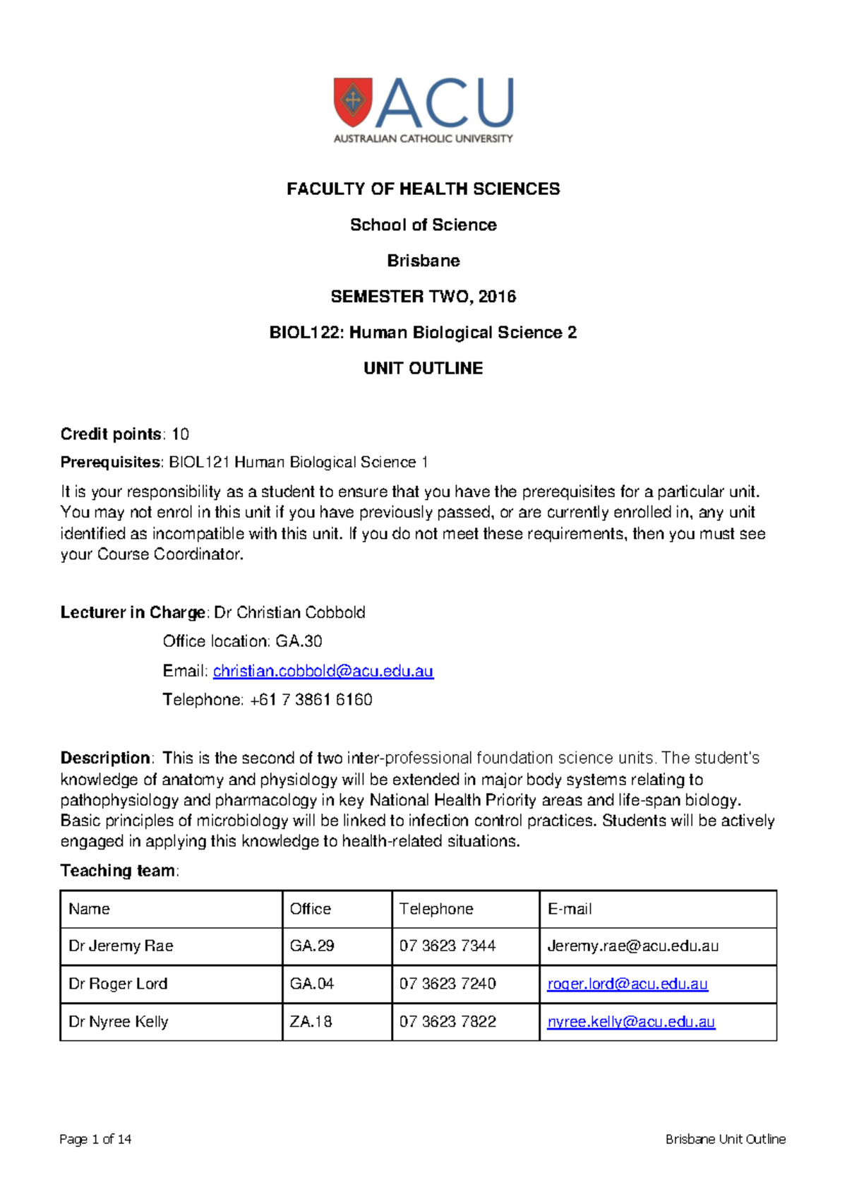BIOL122 Unit Outline - FACULTY OF HEALTH SCIENCES School of Science ...