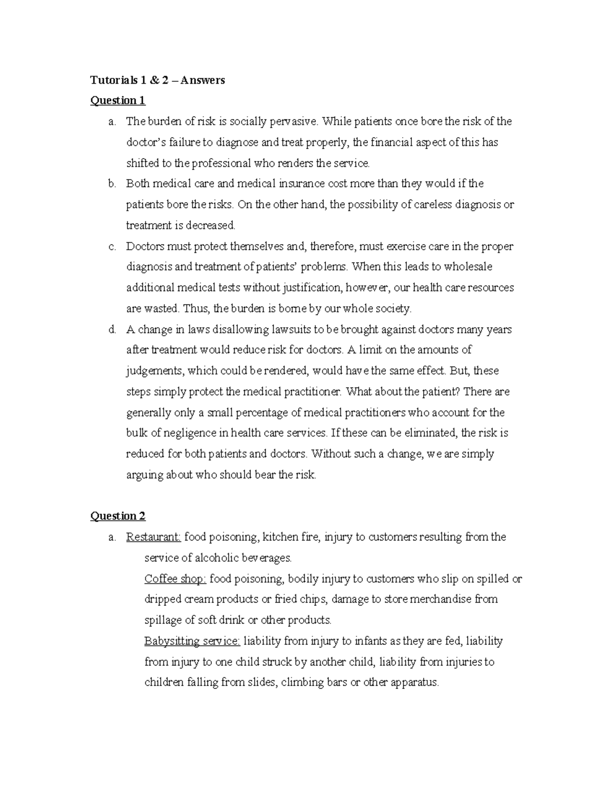Tutorial 1 & 2 - Nature of risk & Intro. to Risk Management - Tutorials ...
