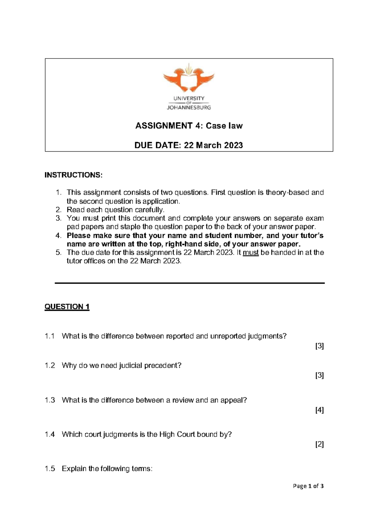 Assignment 4 Case Law - Page 1 of 3 INSTRUCTIONS: This assignment consists of two questions ...