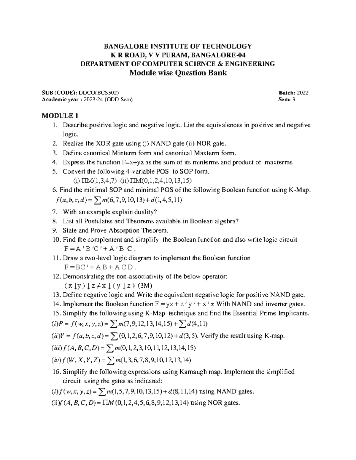 Module wise Question 2022-ADE-CO - BANGALORE INSTITUTE OF TECHNOLOGY K R ROAD, V V PURAM ...