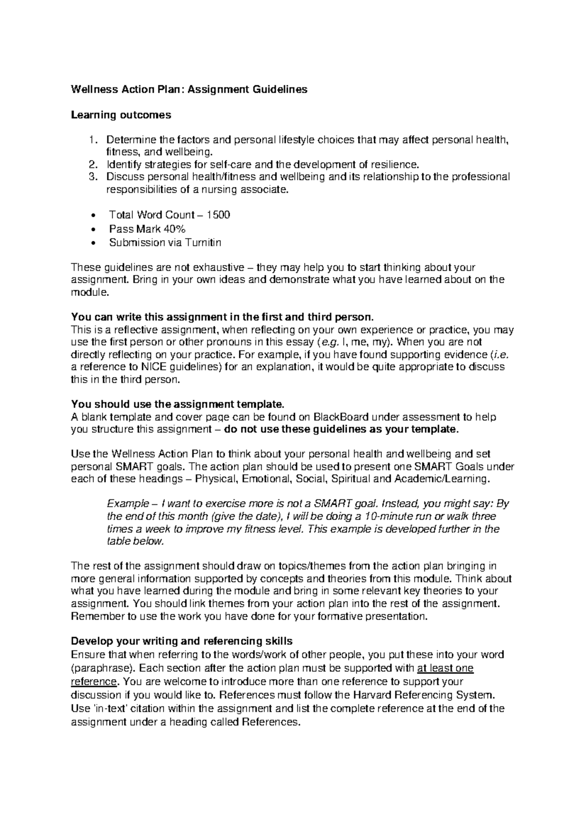 Wellbeing assesment - Wellness Action Plan: Assignment Guidelines Learning outcomes Determine ...