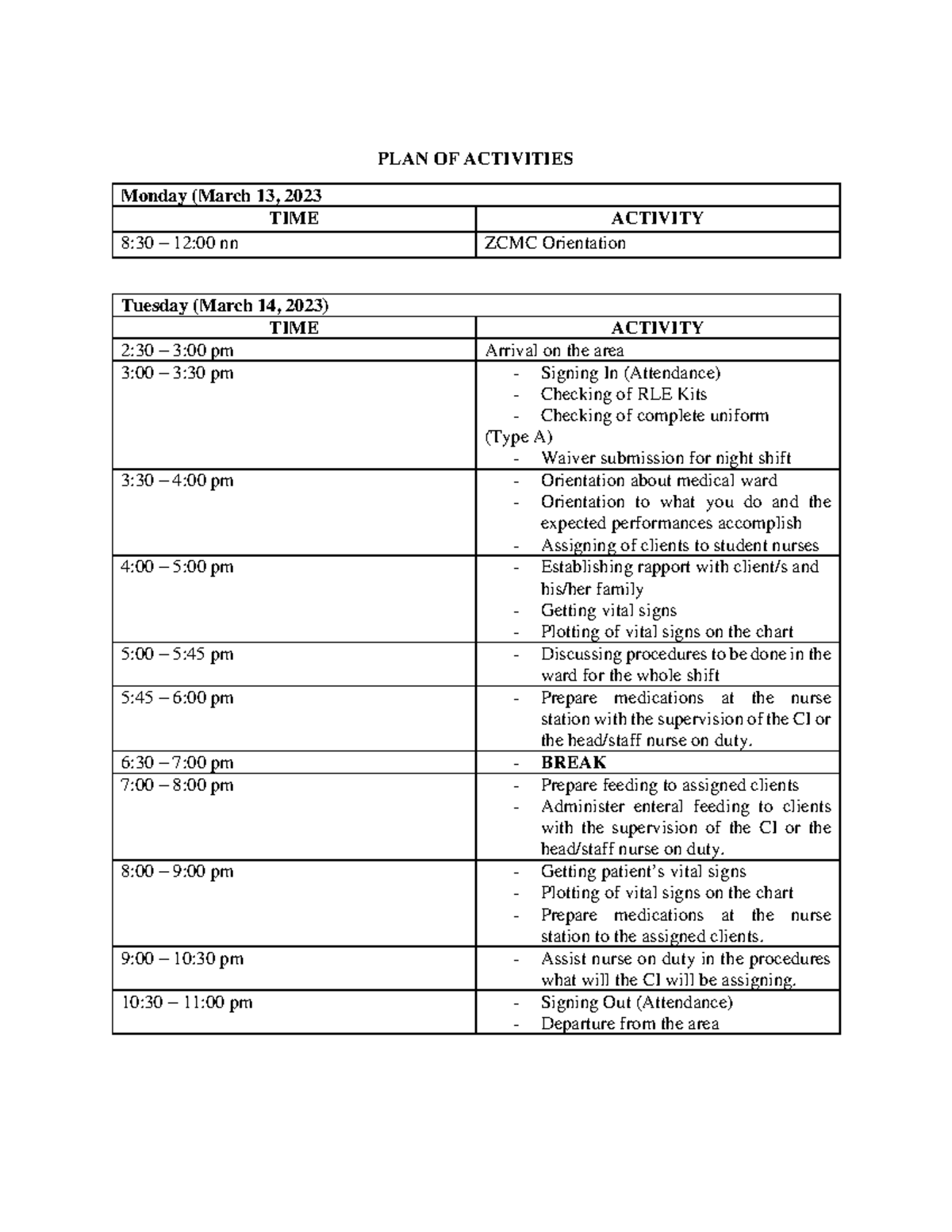 Ebro Plan of Activities - PLAN OF ACTIVITIES Monday (March 13, 2023 ...