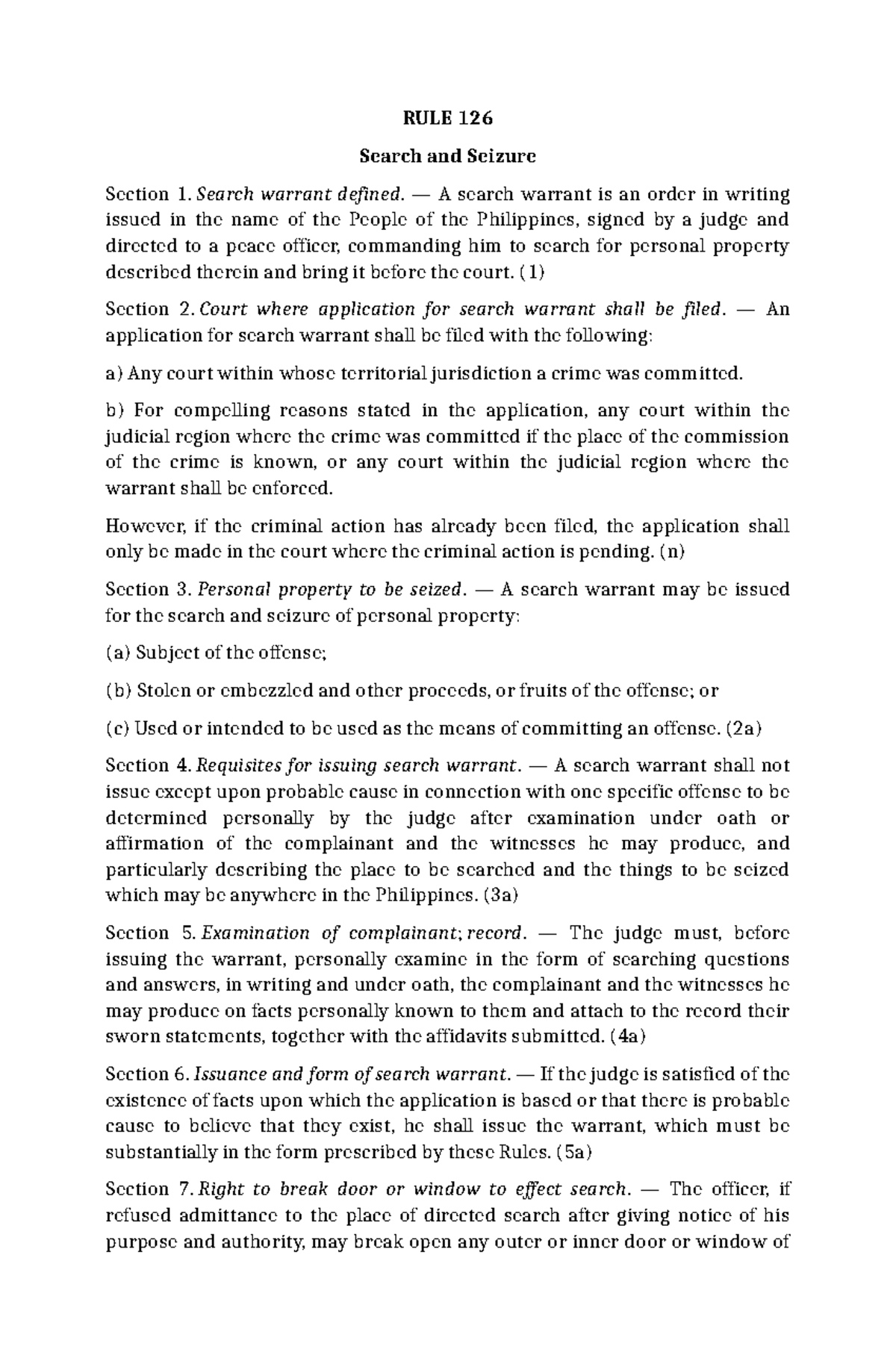 Rule-126-127 - CLJ 105 - RULE 126 Search and Seizure Section 1. Search ...