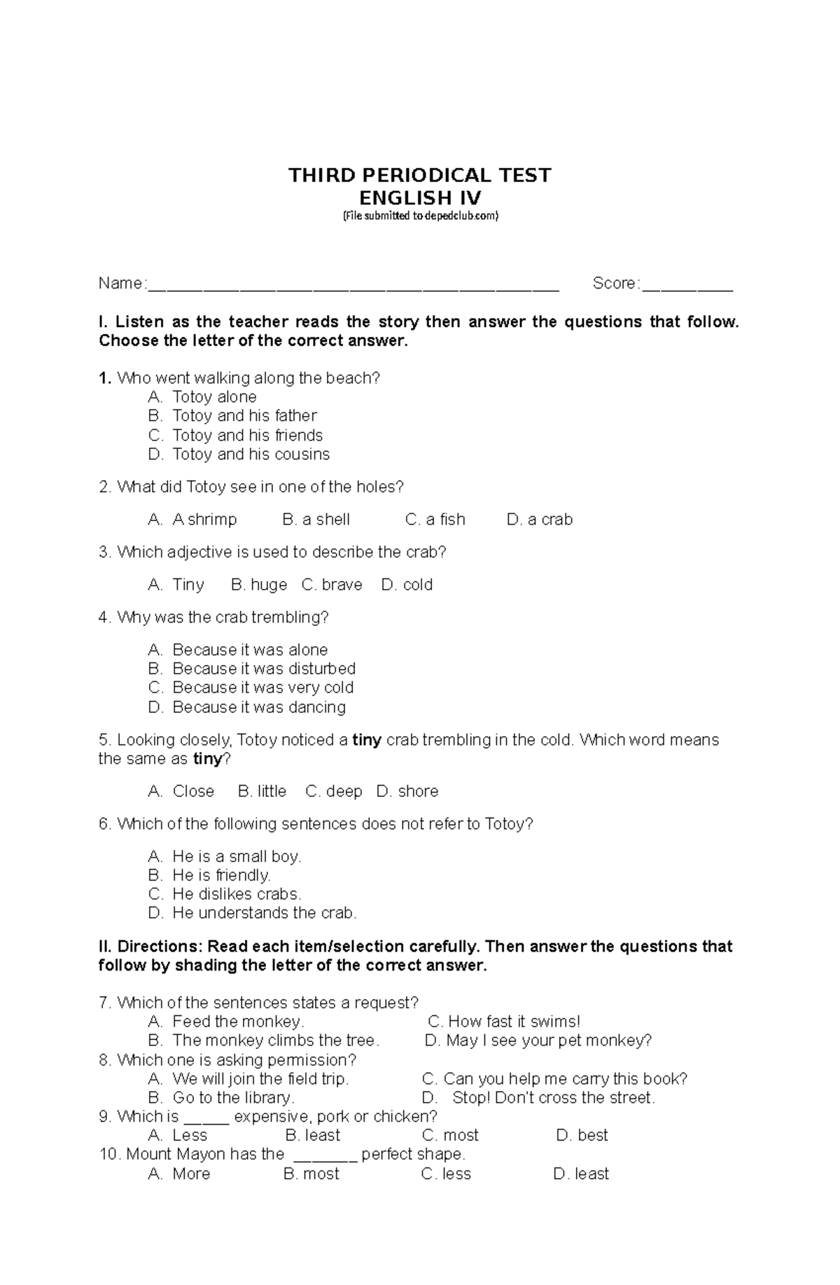English 4 Third Periodical TEST - THIRD PERIODICAL TEST ENGLISH IV ...