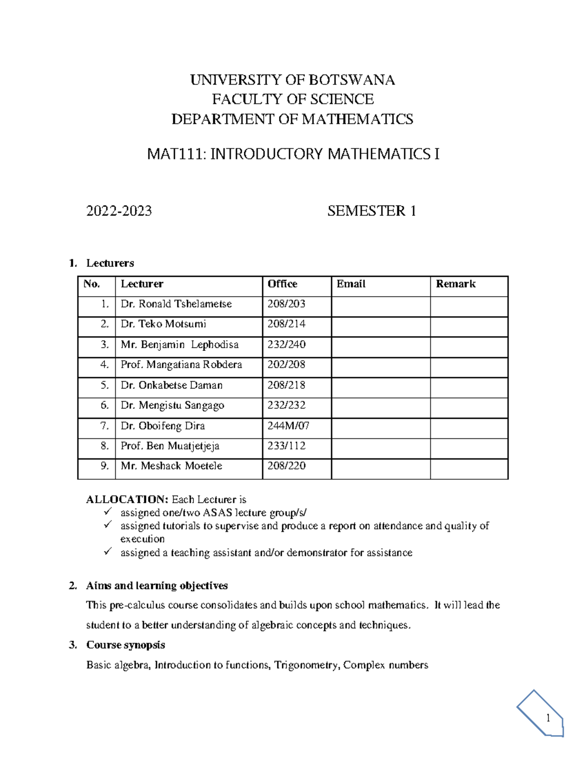 MAT111 - Updated Course Outline - UNIVERSITY OF BOTSWANA FACULTY OF ...