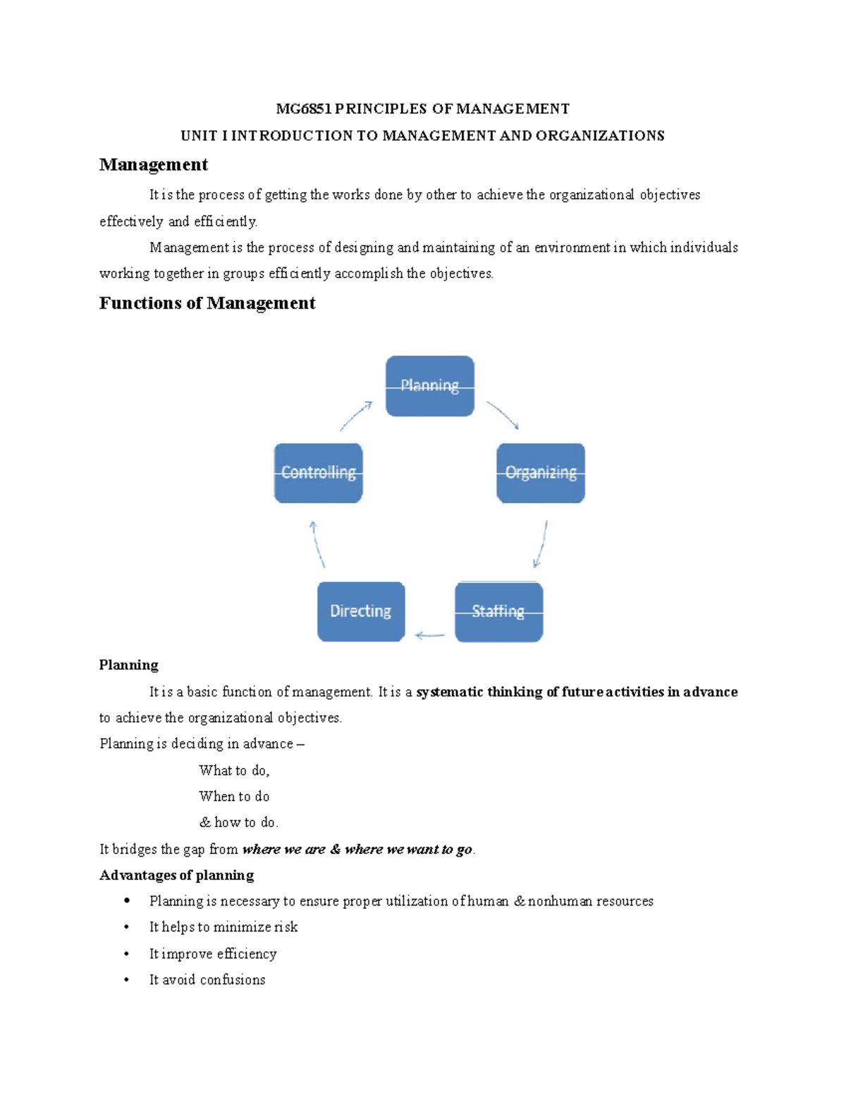 POM-Class notes - MG6851 PRINCIPLES OF MANAGEMENT UNIT I INTRODUCTION ...