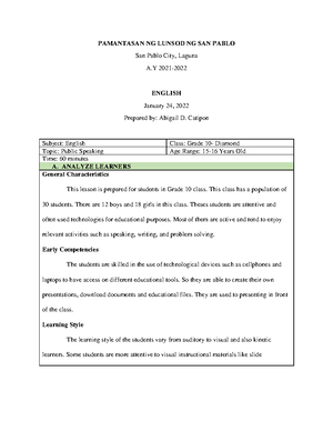 Lesson Plan in Adverbs of Manner - DETAILED LESSON PLAN IN ENGLISH 3 Prepared by: Arah Mae C ...