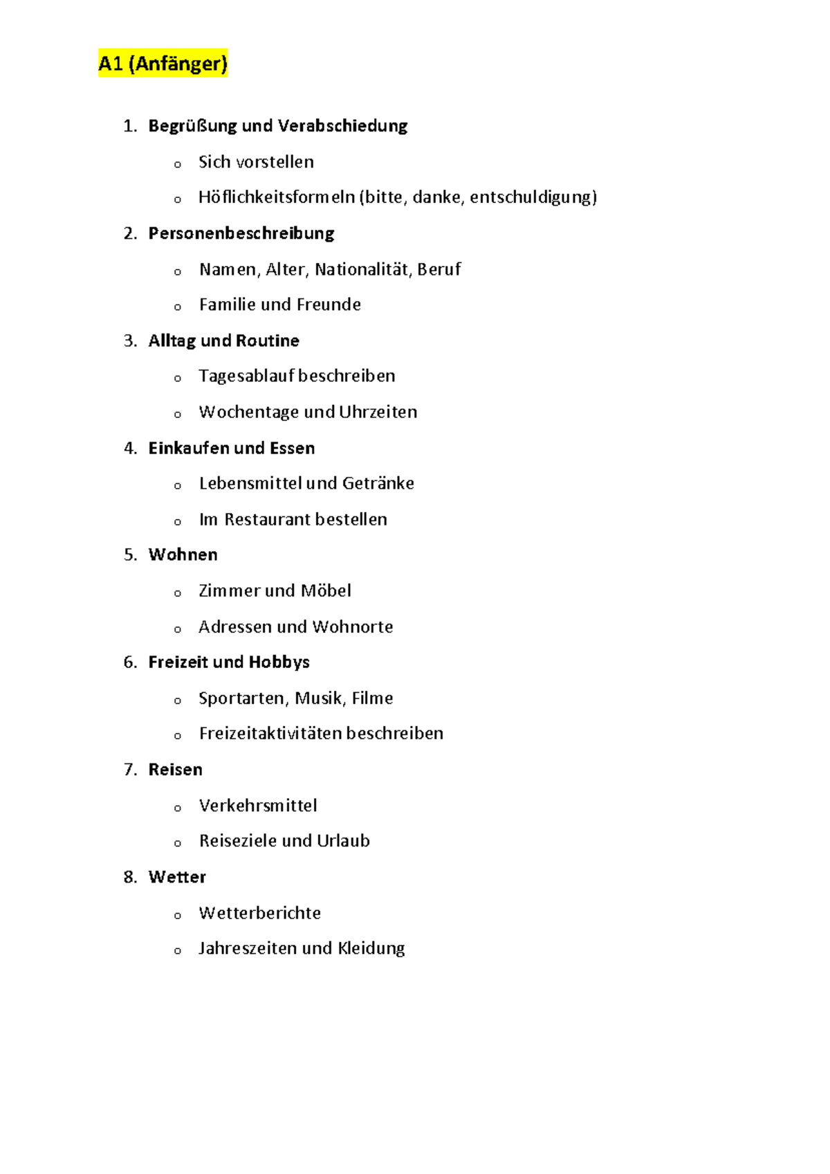 Die Themen für Deutschlernen - A1 (Anfänger) 1. Begrüßung und ...