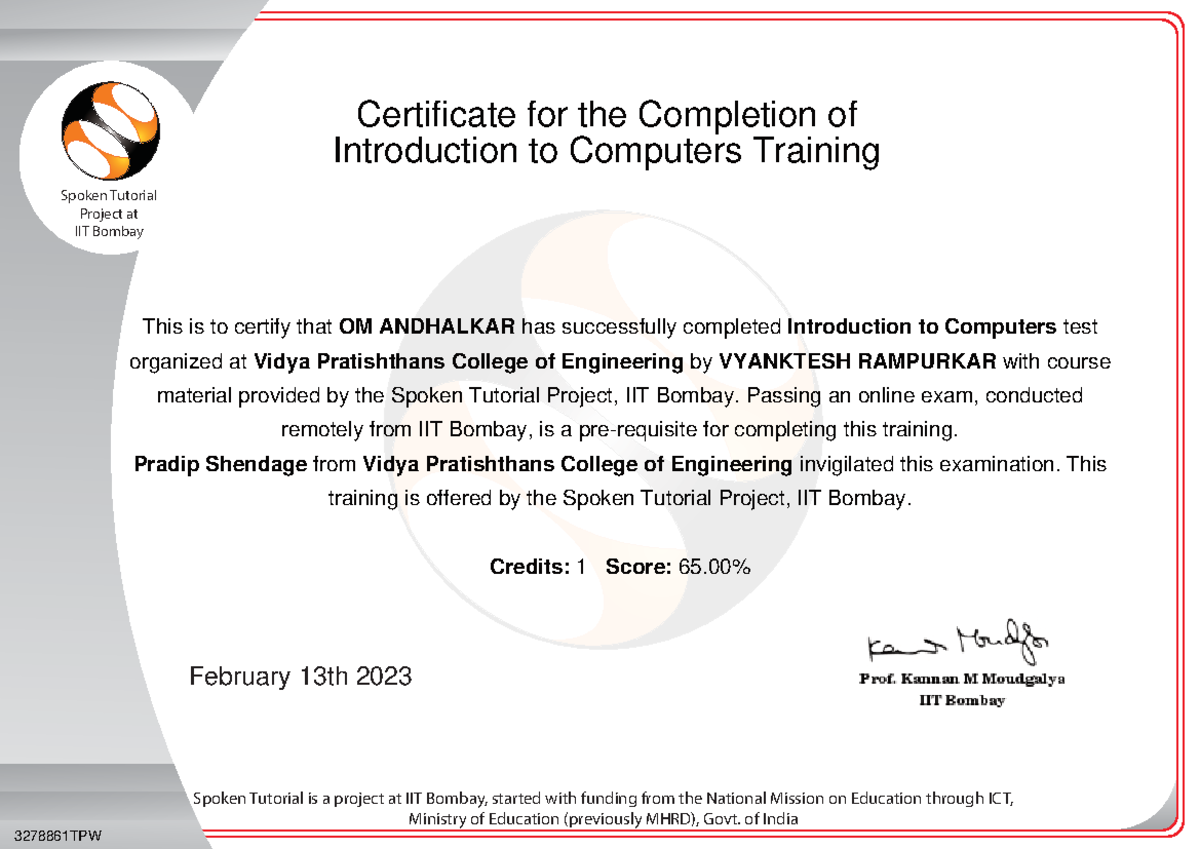 Certificate1234455 - _ _ Spoken Tutorial is a project at IIT Bombay, started with funding from ...
