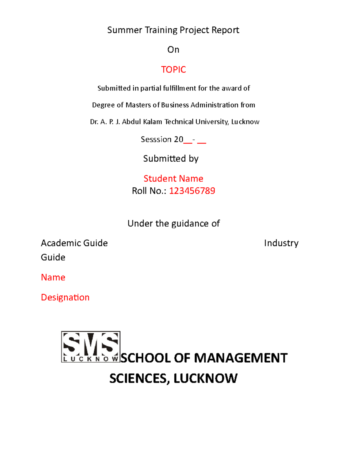 Cover Page - Summer Training Project Report On TOPIC Submitted in ...