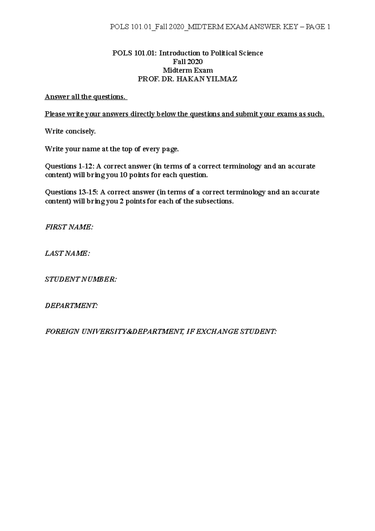 POLS 101 Fall2020 Midterm Exam Questions - POLS 101: Introduction to ...