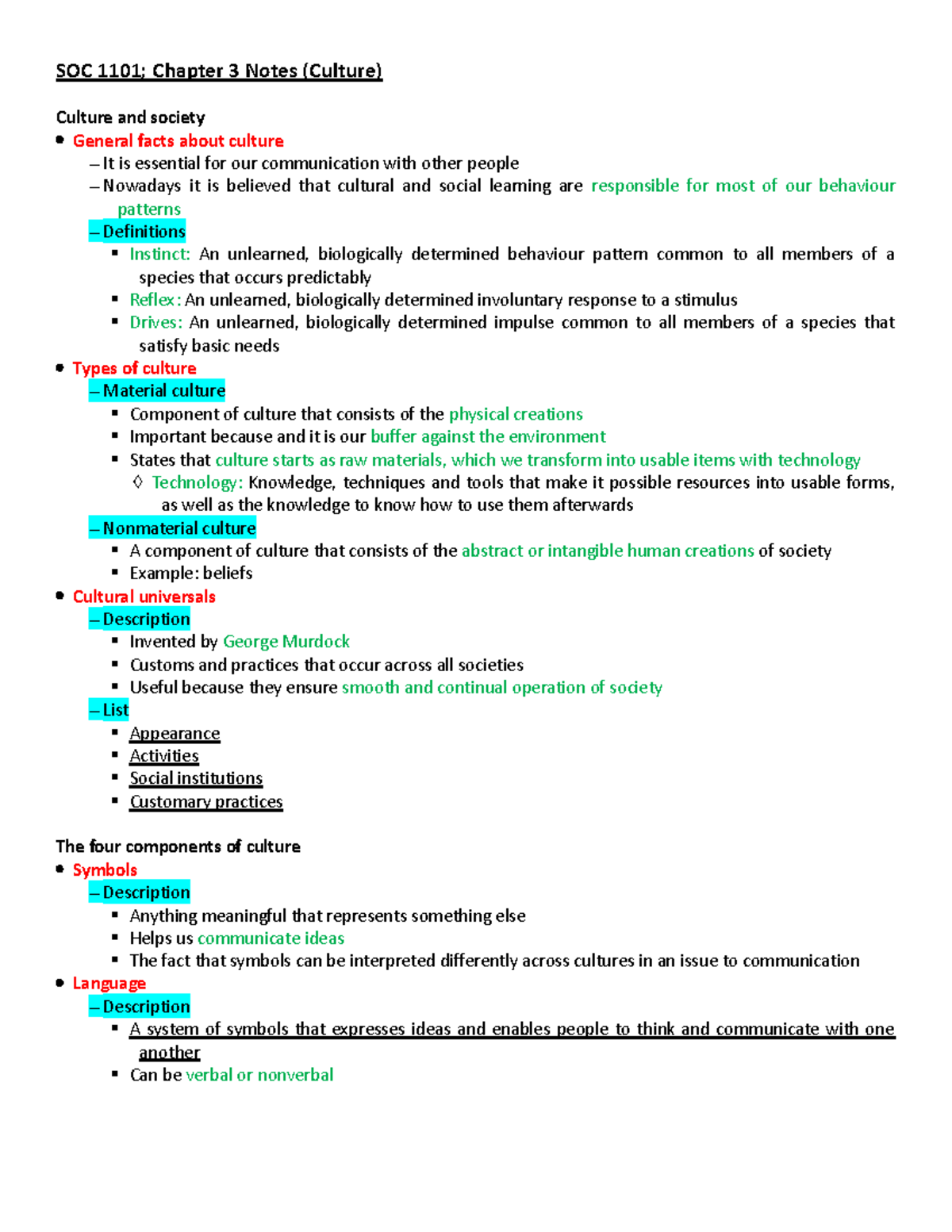 SOC 1101; Chapter 3 Notes (Culture) - SOC 1101; Chapter 3 Notes ...
