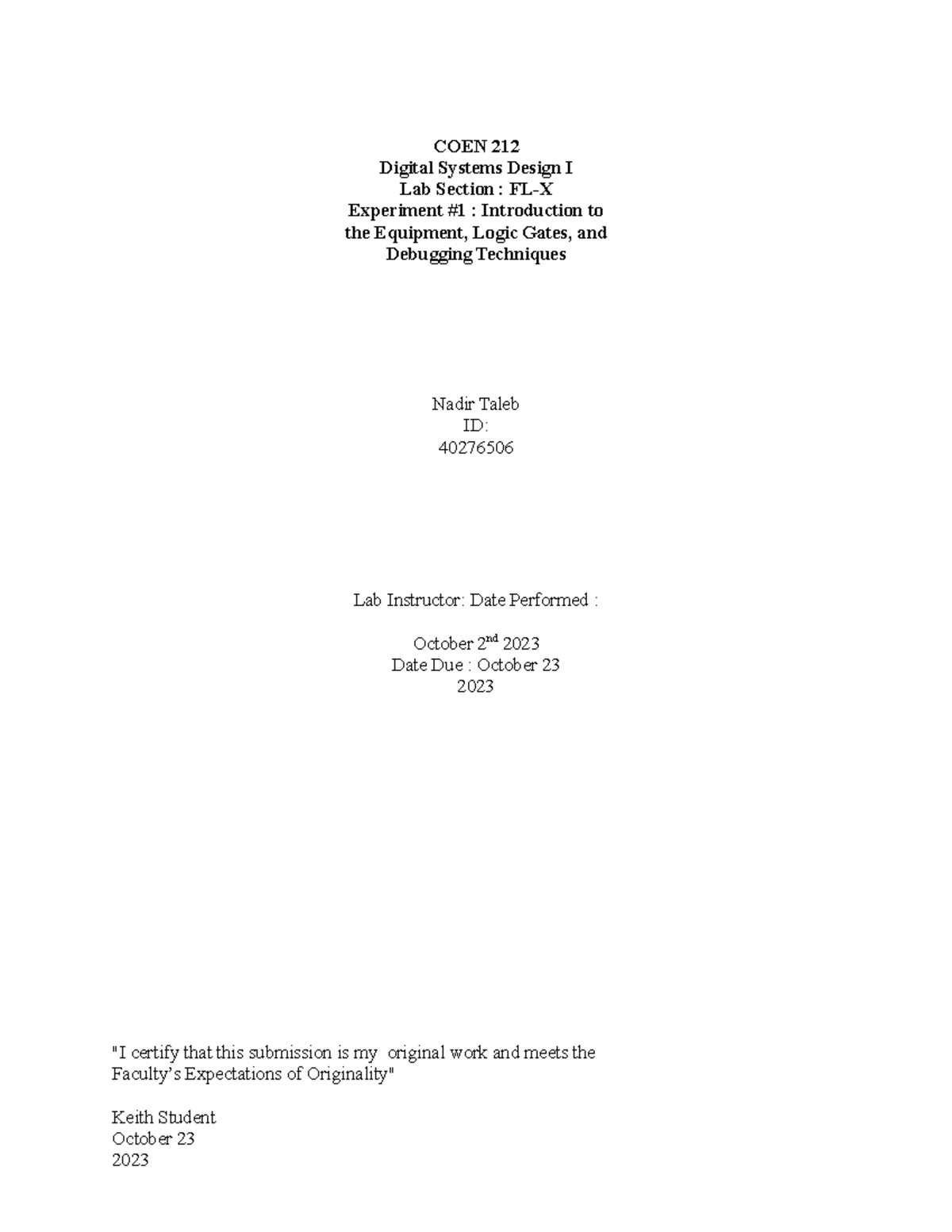 Lab report number 1 - COEN 212 Digital Systems Design I Lab Section ...
