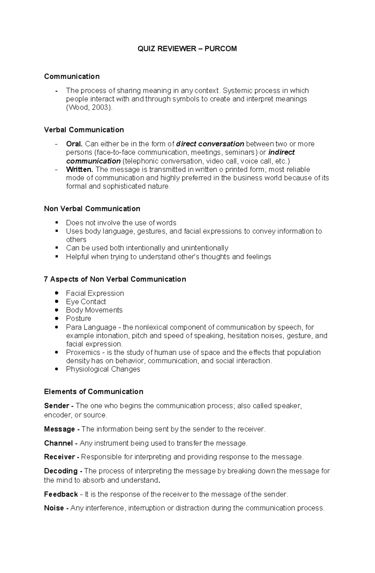 Quiz Reviewer - Communication - QUIZ REVIEWER – PURCOM Communication - The process of sharing ...