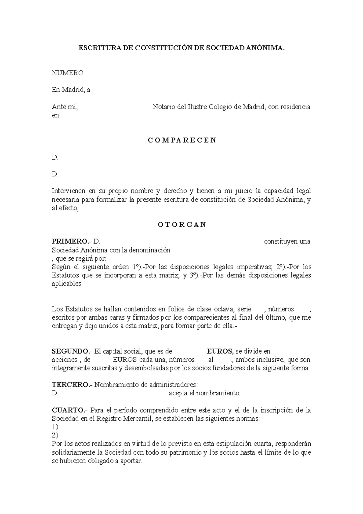Modelo escritura constitución SA - ESCRITURA DE CONSTITUCIÓN DE SOCIEDAD ANÓNIMA. NUMERO En ...