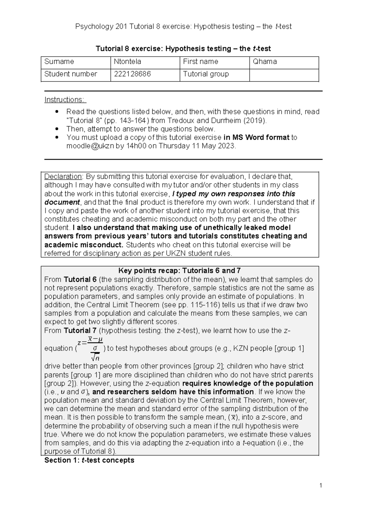Tutorial 8 exercise Psych 201 - Tutorial 8 exercise: Hypothesis testing ...