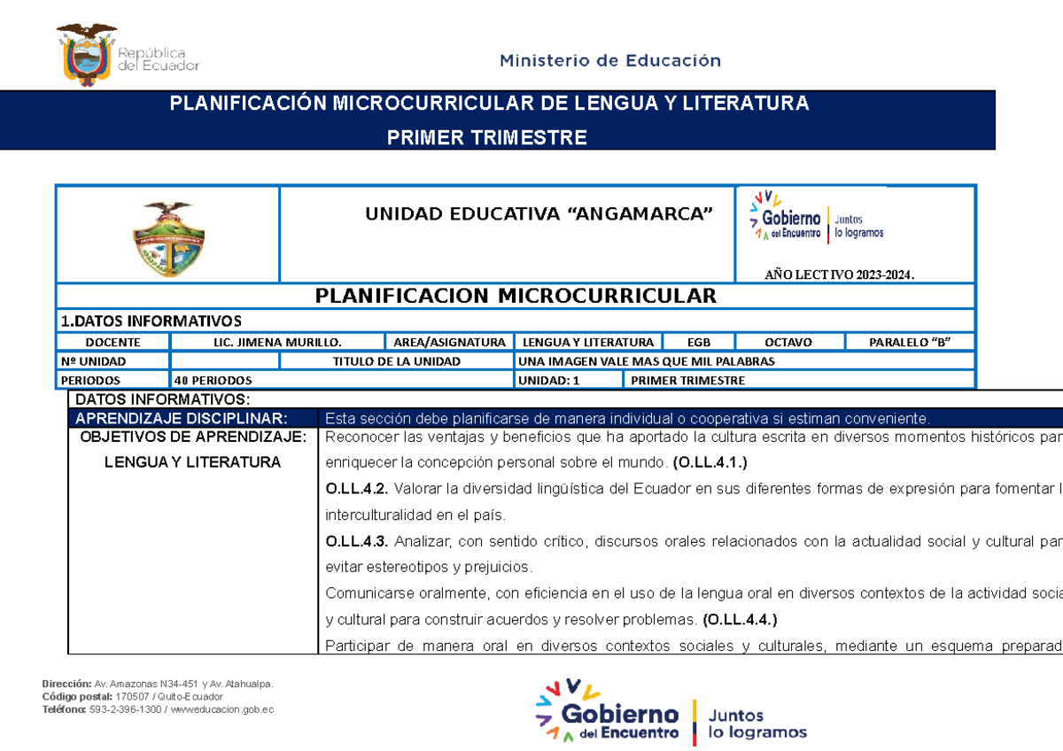Jimena Murillo PMC T1 - programacion - PLANIFICACIÓN MICROCURRICULAR DE LENGUA Y LITERATURA ...