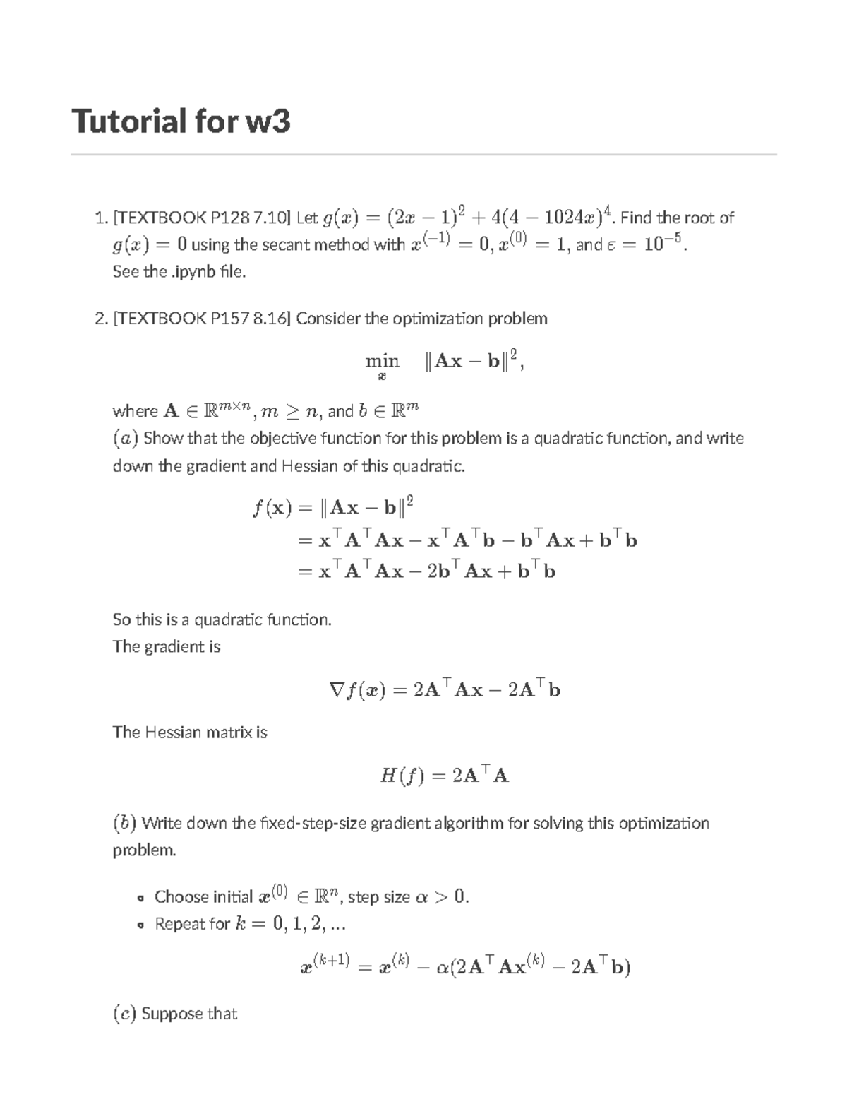 W3-tutorial - tutorial - Tutorial for w [TEXTBOOK P128 7] Let. Find the root of using the secant ...