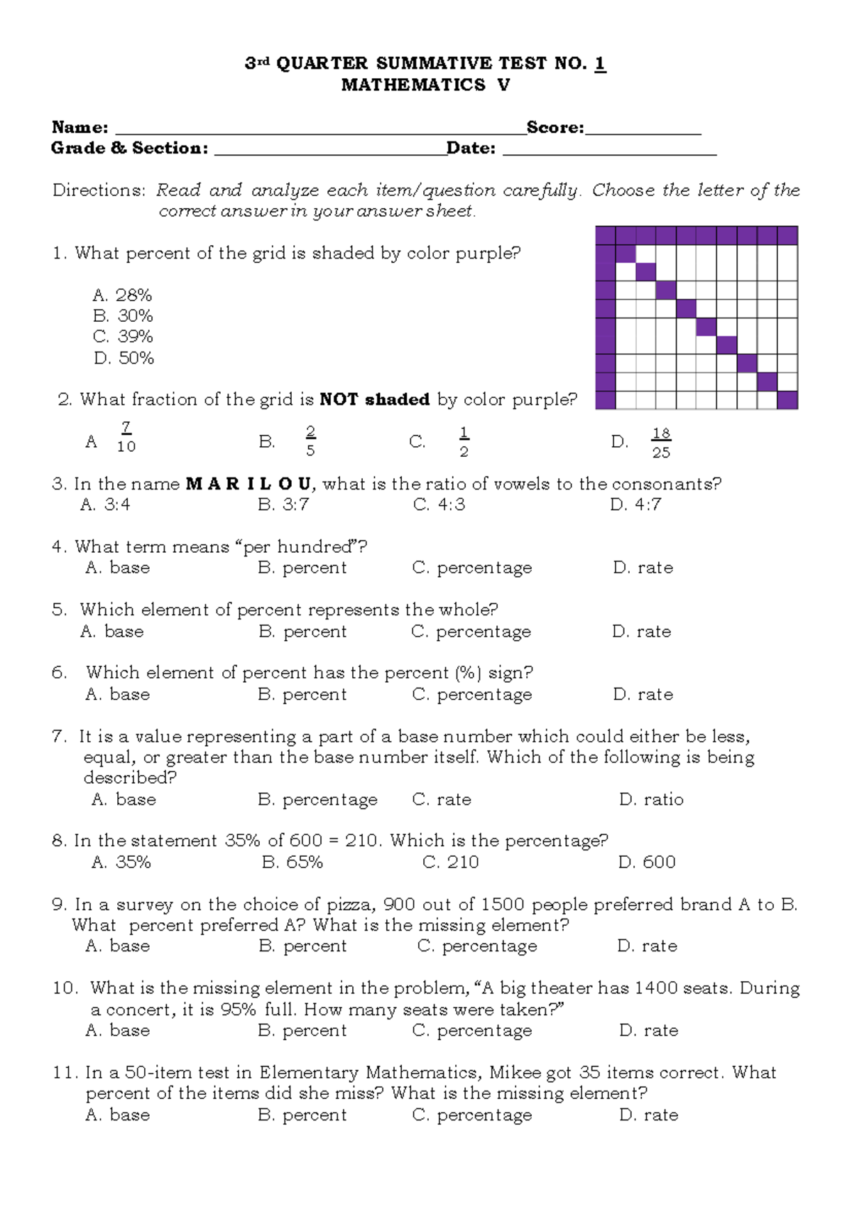 3rd Quarter MATH 5 Summative TEST NO - 2 5 1 2 3 rd QUARTER SUMMATIVE ...