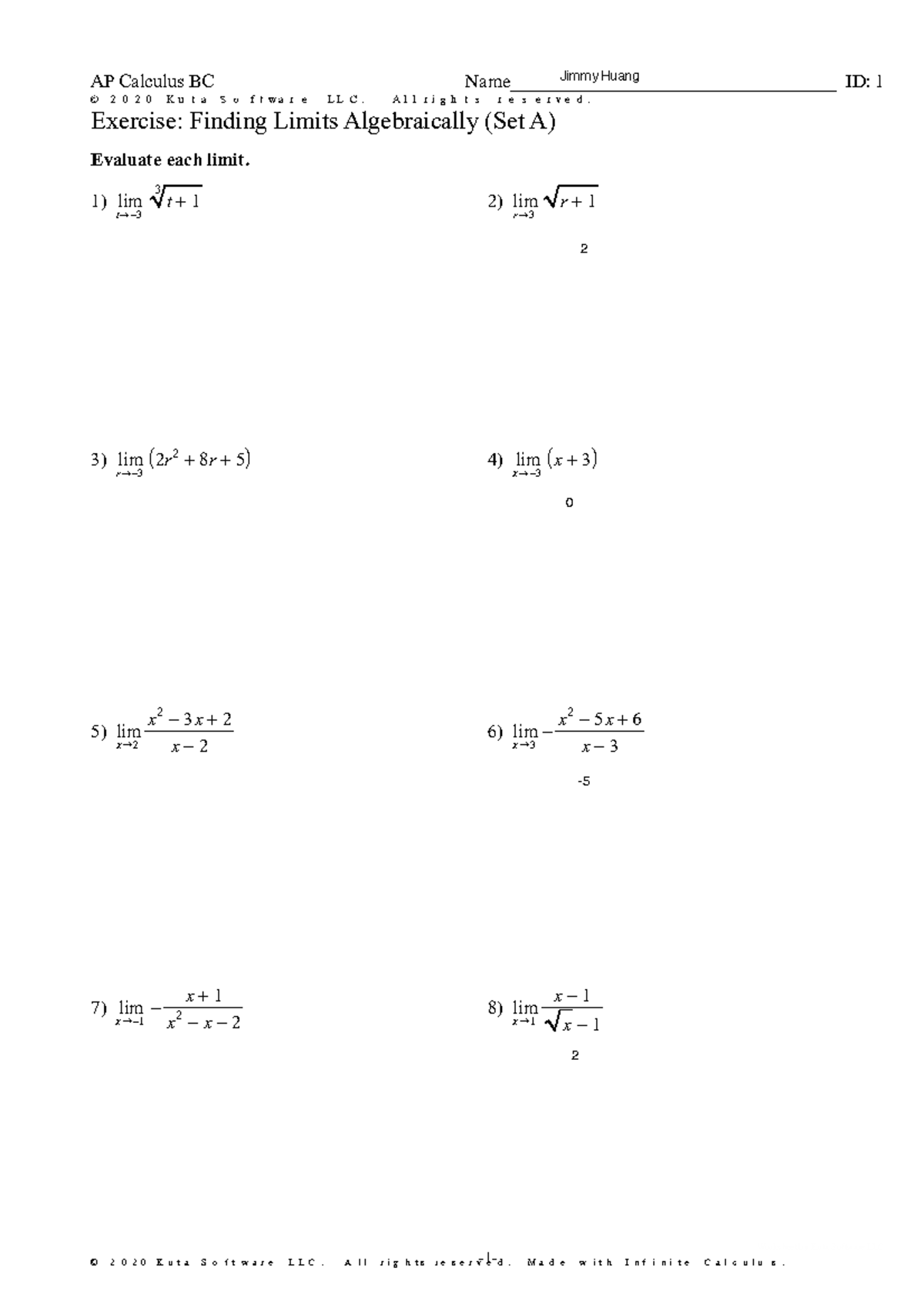 1.3 Determine Limits Algebraically-HW - ©T 2 M 0 x 2 k 0 k JKZuftTan ...