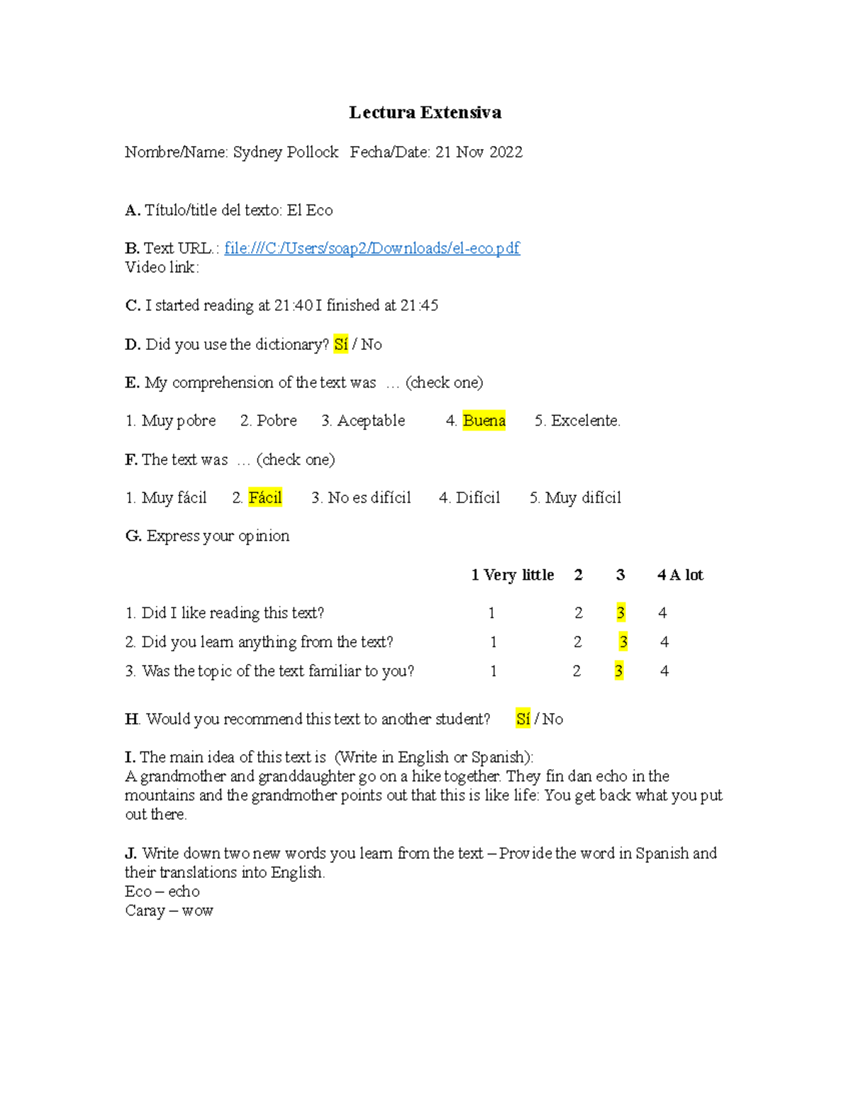 SPA 101 H extensive reading 11 - Lectura Extensiva Nombre/Name: Sydney ...